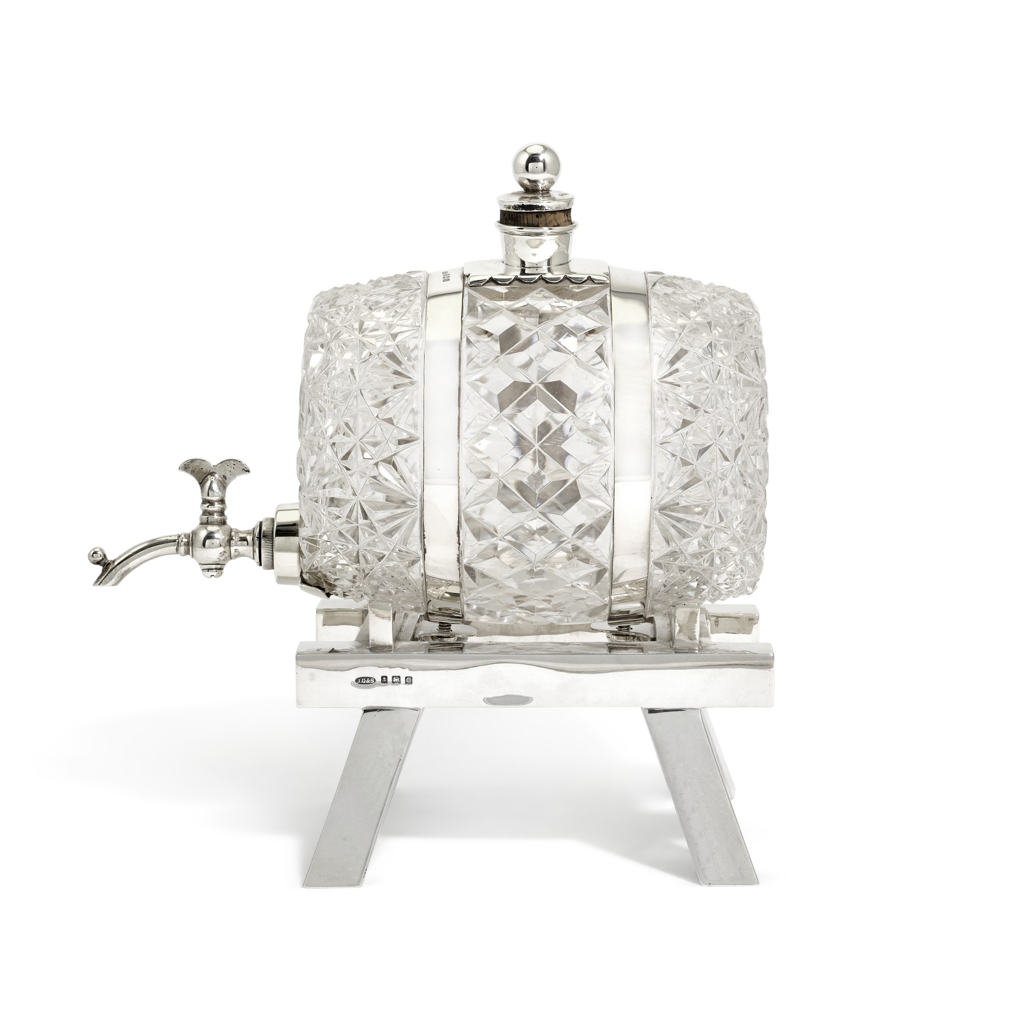 A silver-mounted cut-glass whisky barrel, John Grinsell & Sons ...