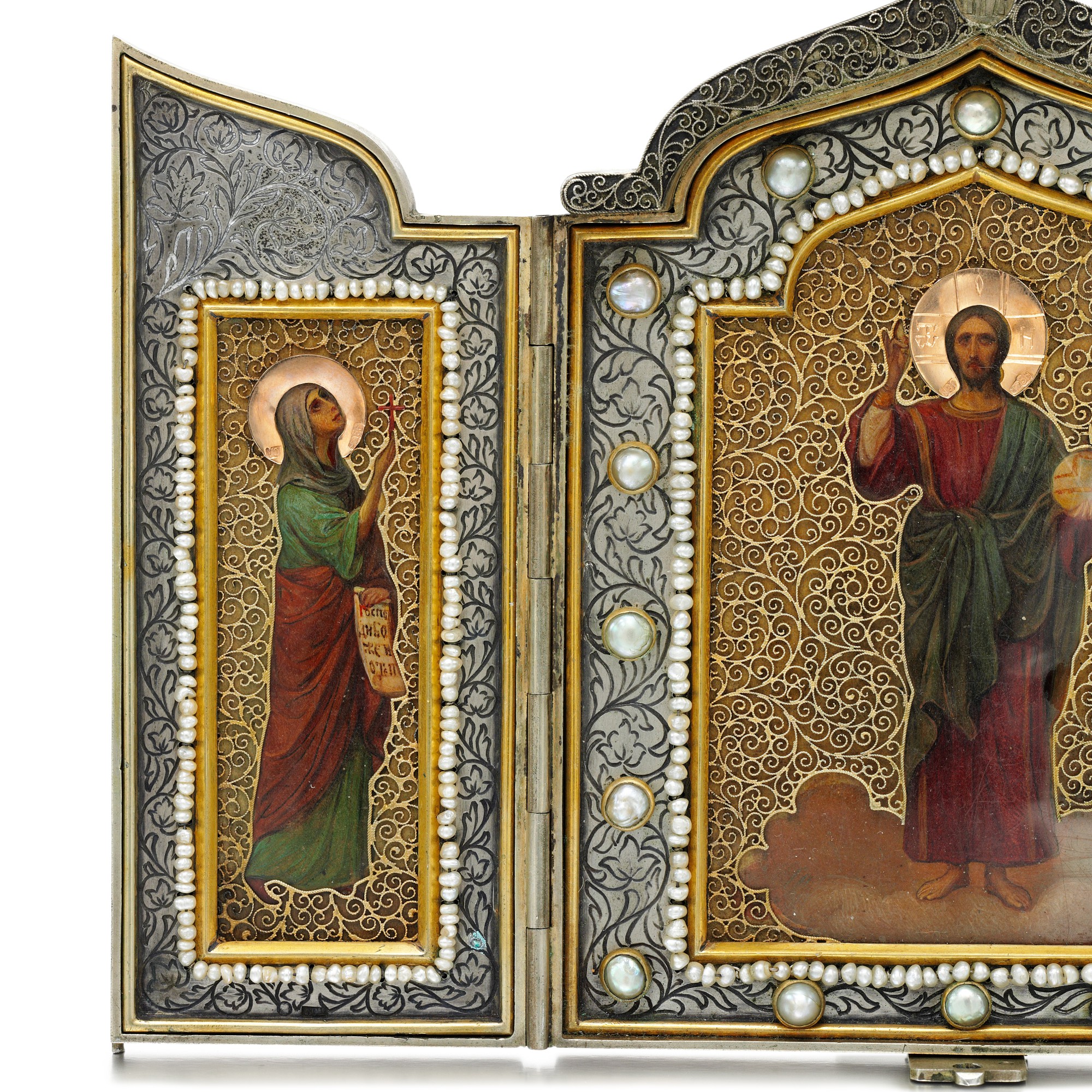A PARCEL-GILT GOLD, SILVER AND PEARL-SET TRIPTYCH ICON, OLOVYANISHNIKOV AND SONS, MOSCOW, 1908 ...