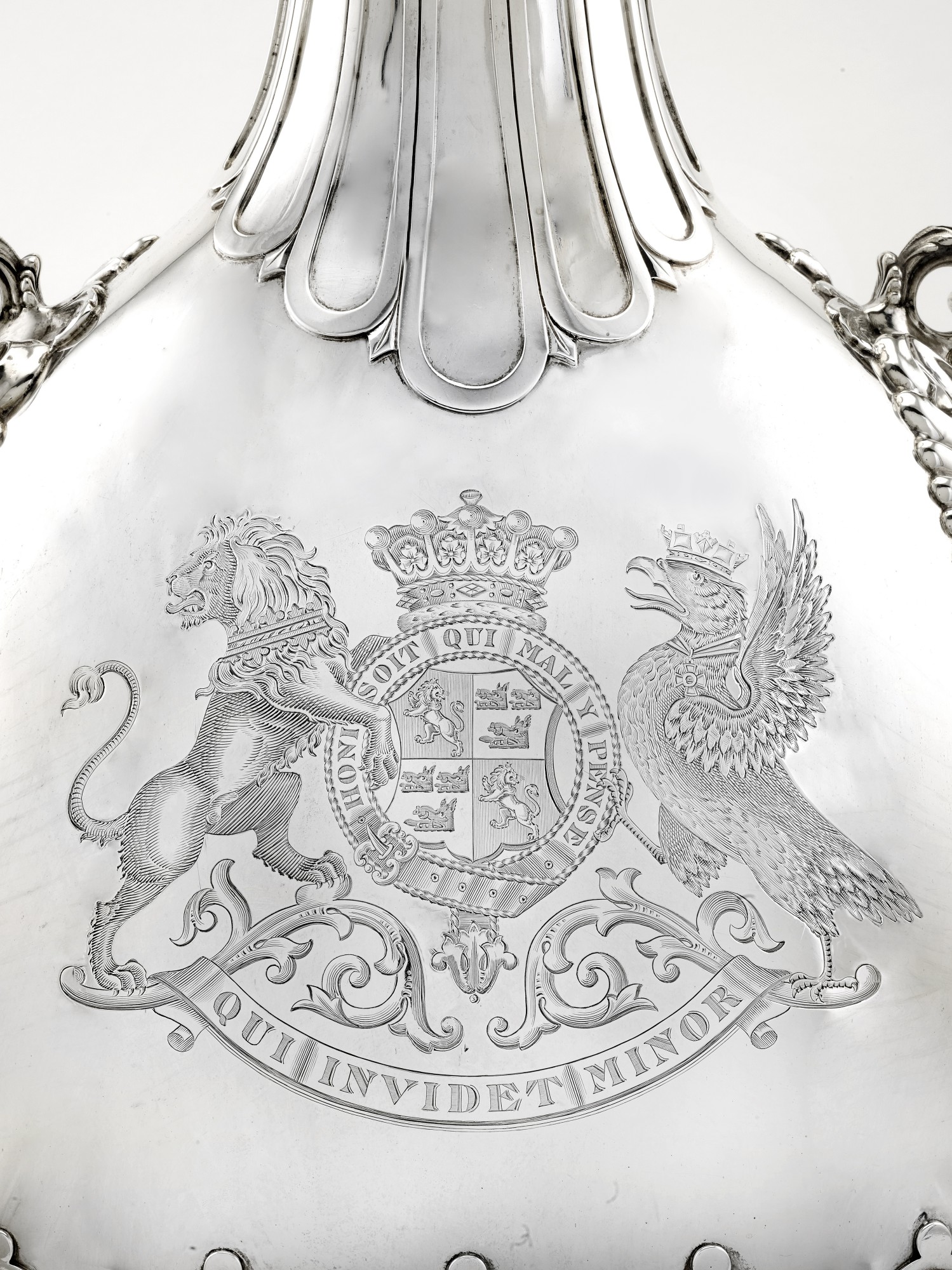 A matched pair of massive Victorian silver pilgrim bottles and covers ...