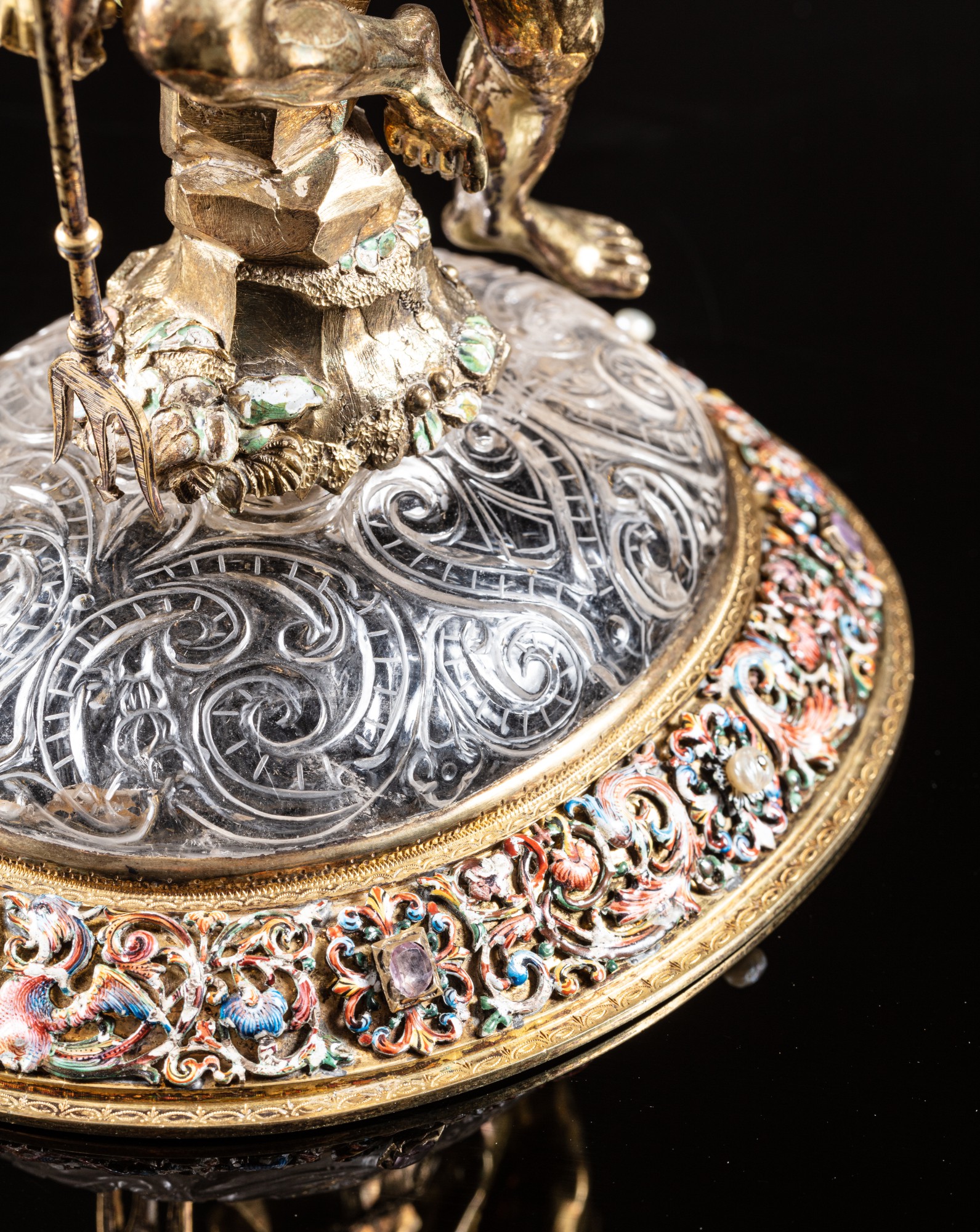 A rock-crystal centrepiece in the form of a Hippocamp with enamelled ...