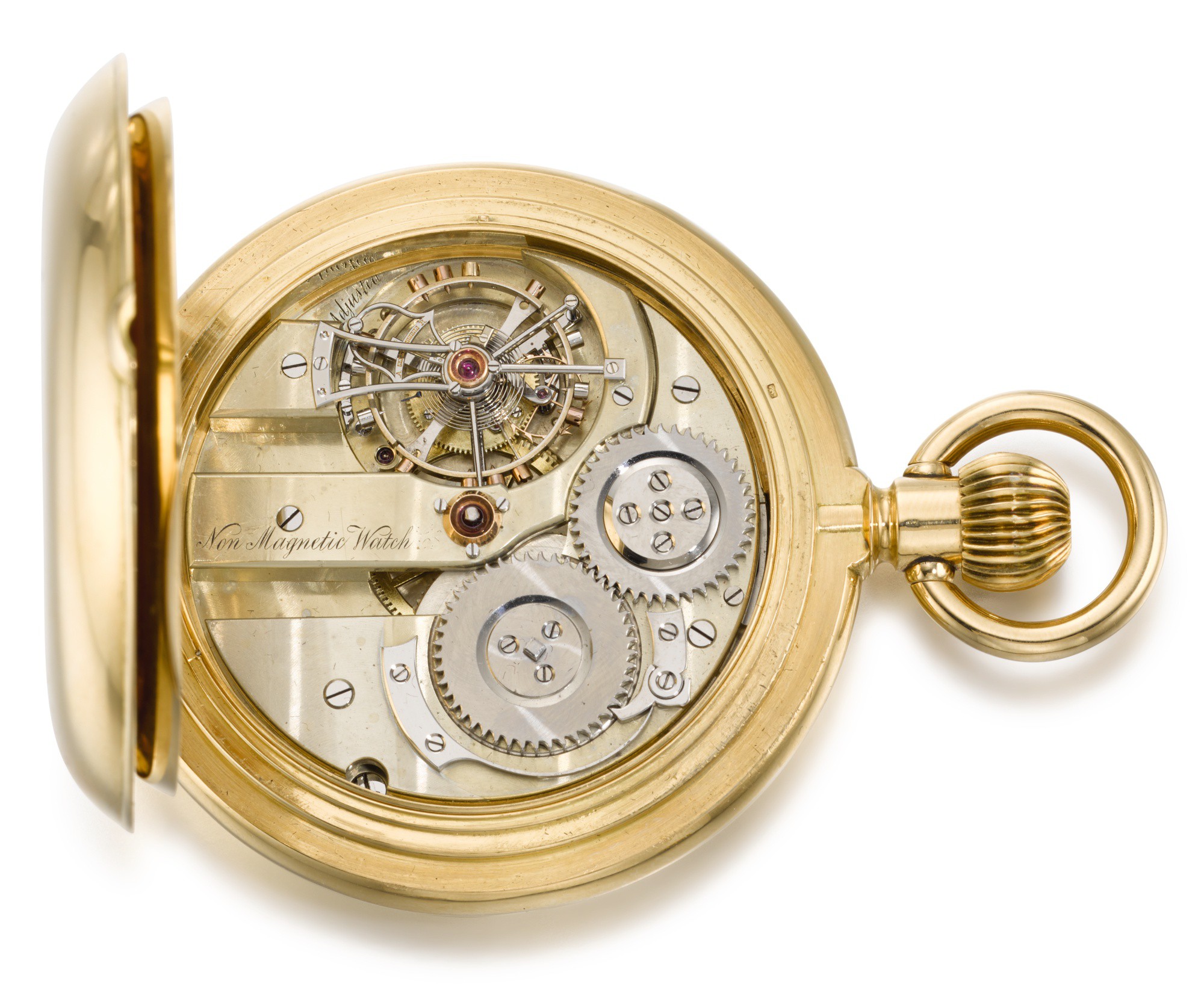 NON-MAGNETIC WATCH CO. | A LARGE AND FINE GOLD HUNTING CASED KEYLESS ...