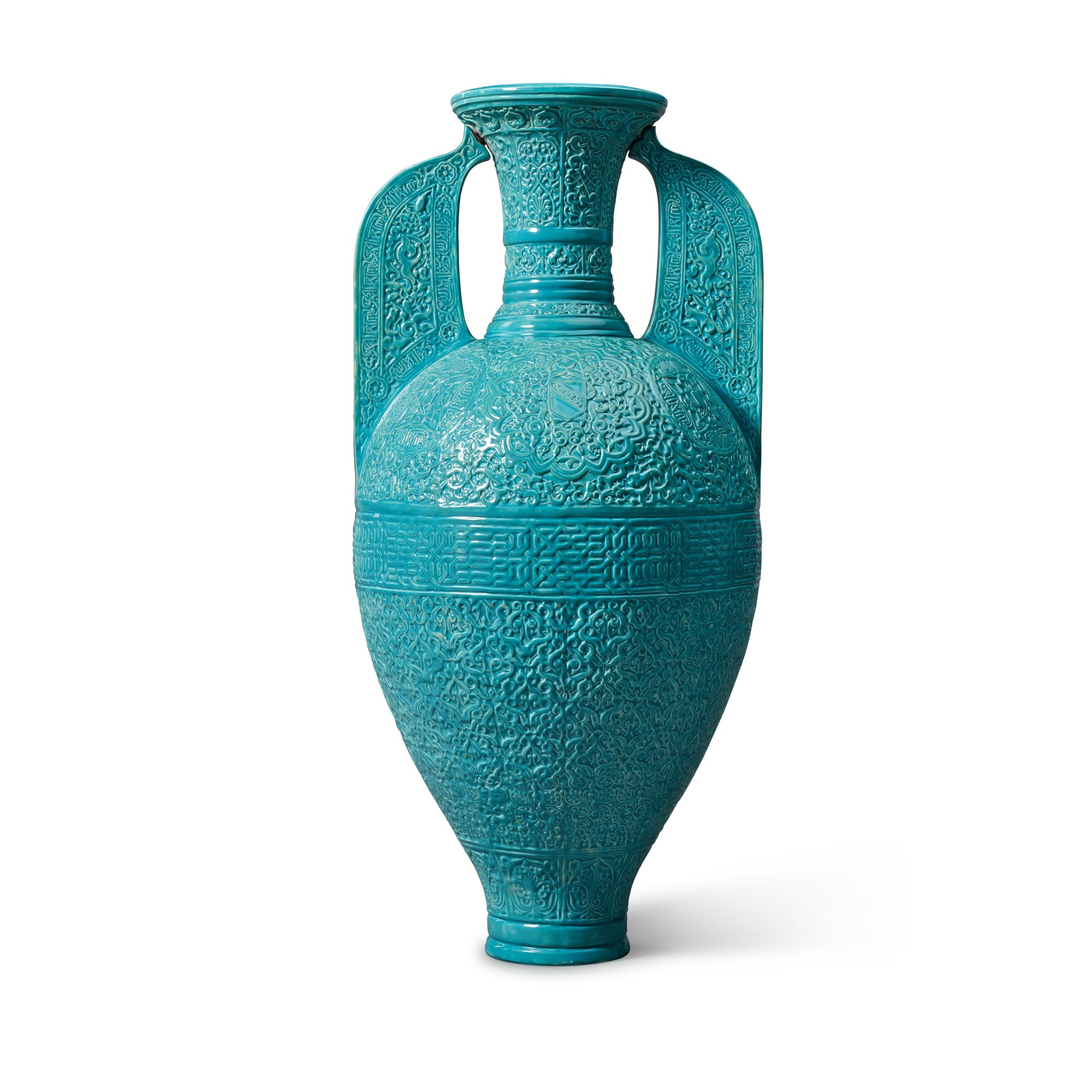 A large turquoise-glaze Alhambra vase on stand, probably French, circa ...