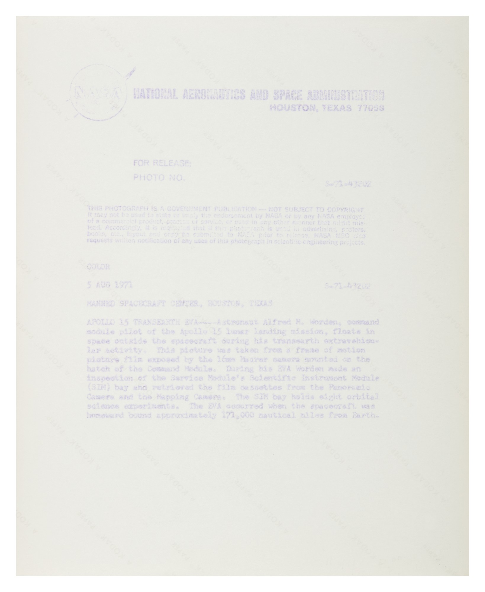 [APOLLO 15] CMP AL WORDEN ON SPACEWALK. VINTAGE NASA "RED NUMBER ...