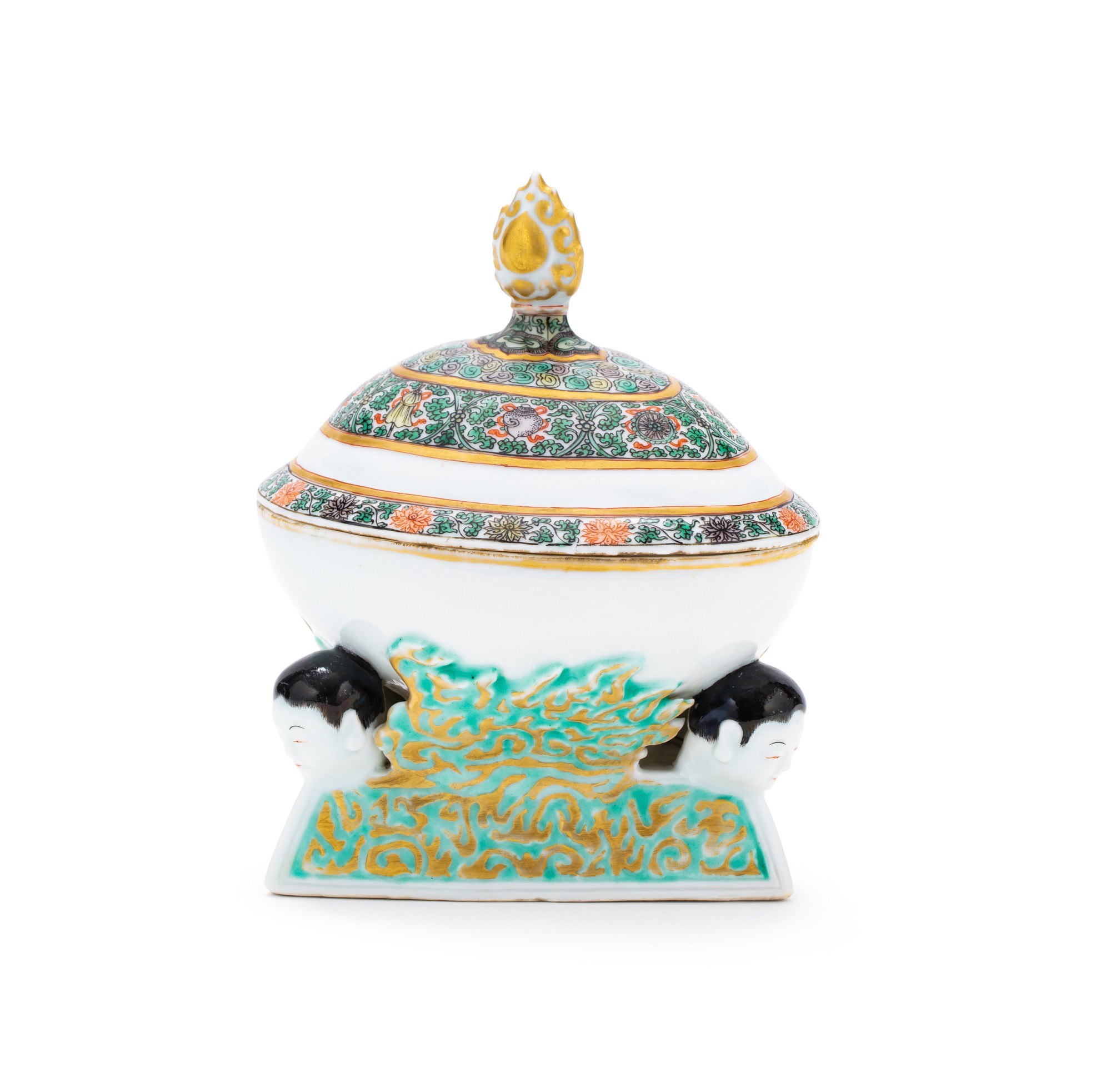 A rare famille verte tibetan-style skull-shaped cup and cover, kapala ...