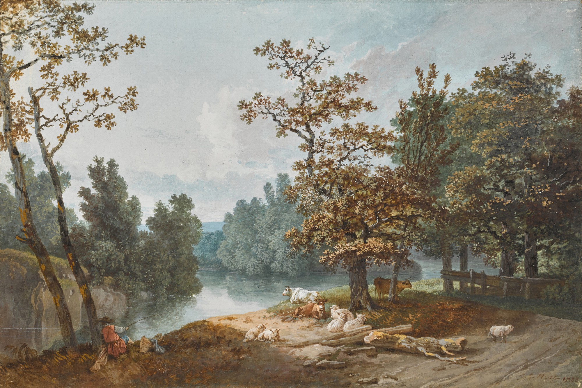An upland landscape with a shepherd with his flock near a farm; A river ...