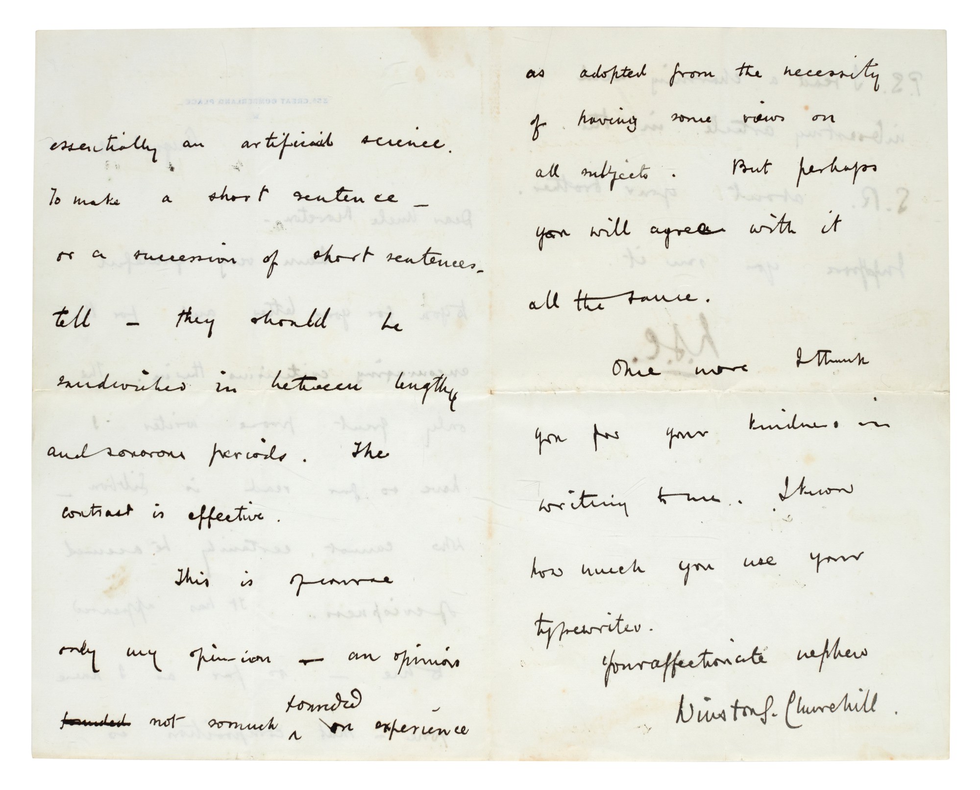 CHURCHILL | Autograph letter signed, to Moreton Frewen, on prose style ...