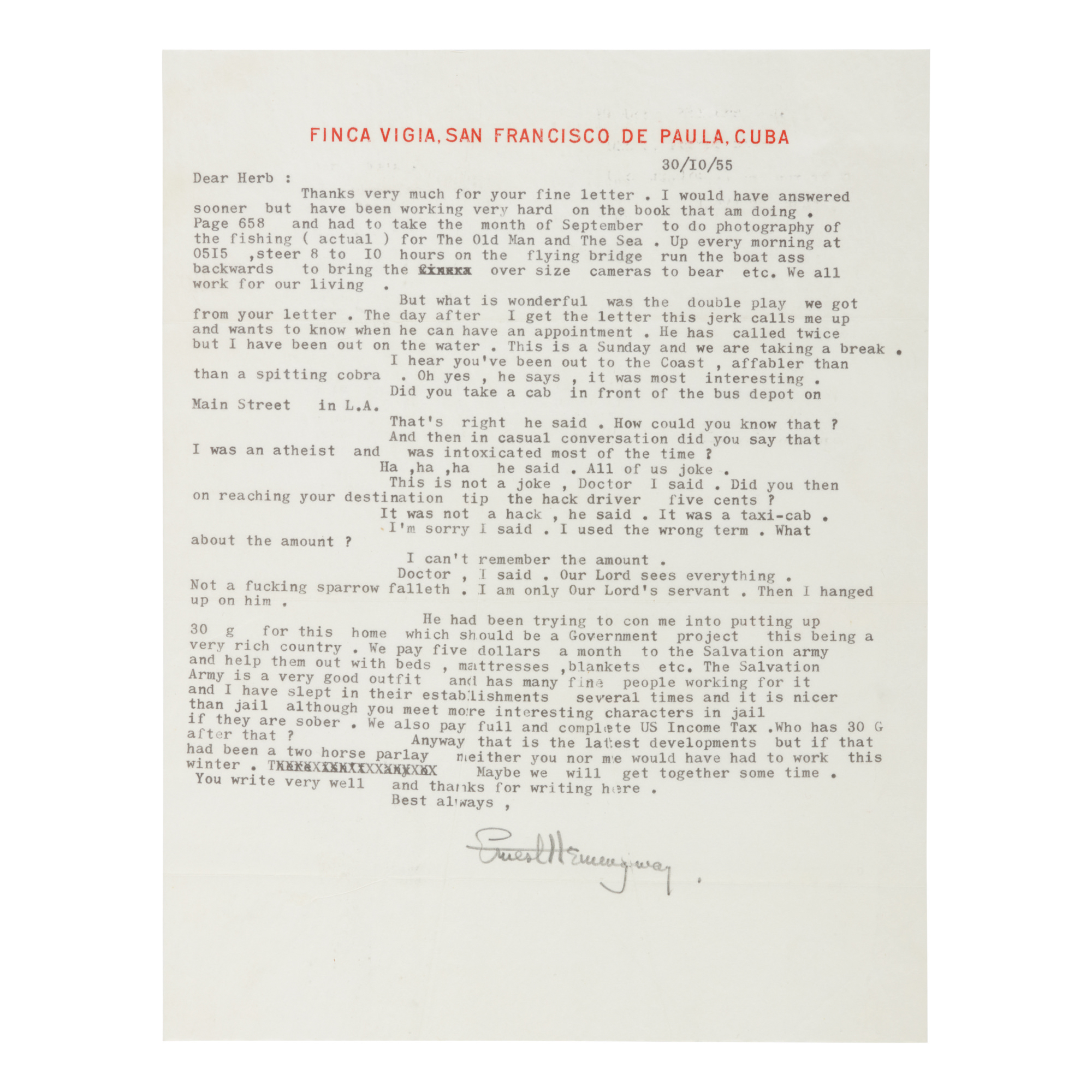 HEMINGWAY, ERNEST | Typed Letter Signed ("Ernest Hemingway"), to ...