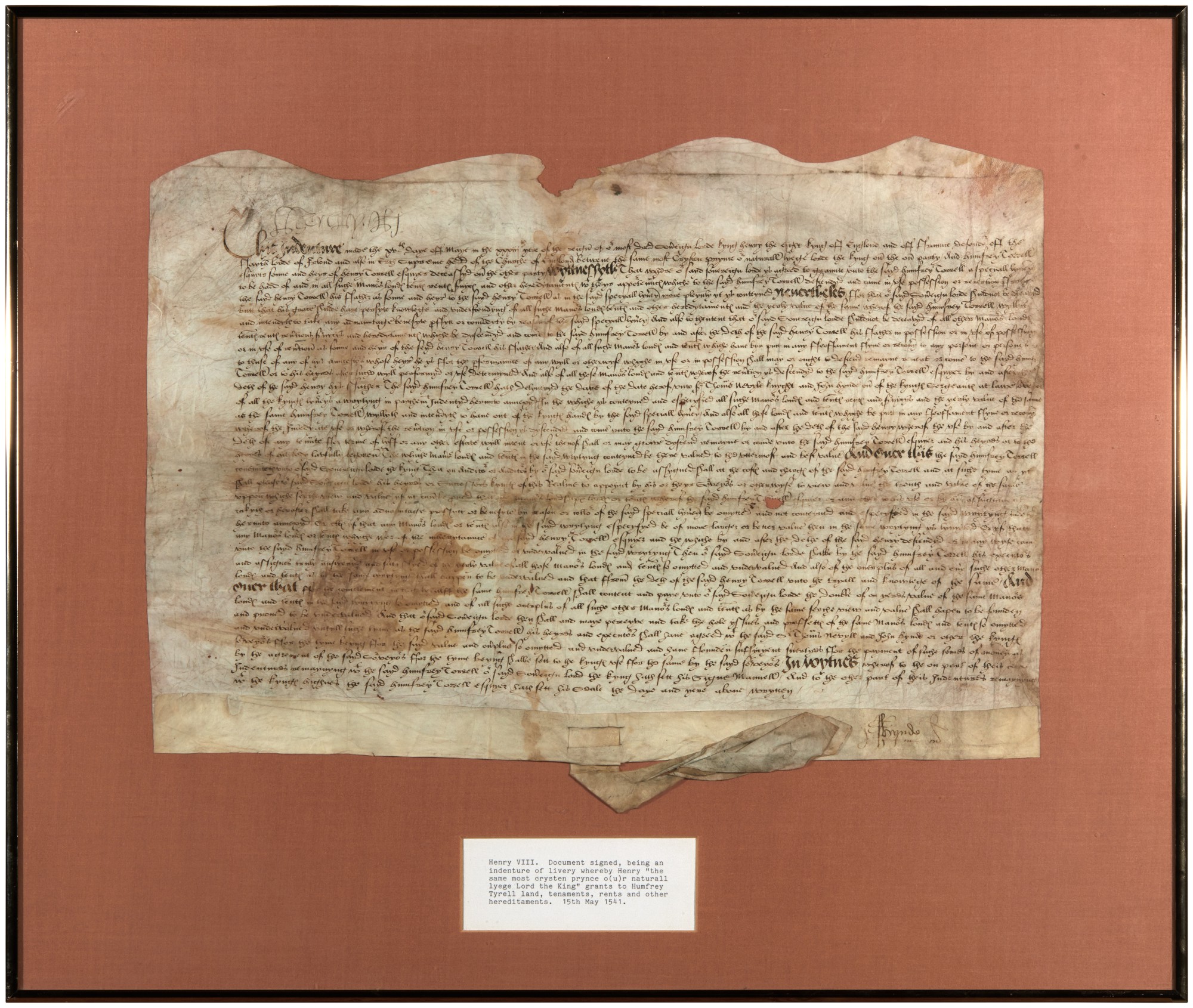 Henry VIII | Document signed, granting lands to Humfrey Tyrell, 15 May ...