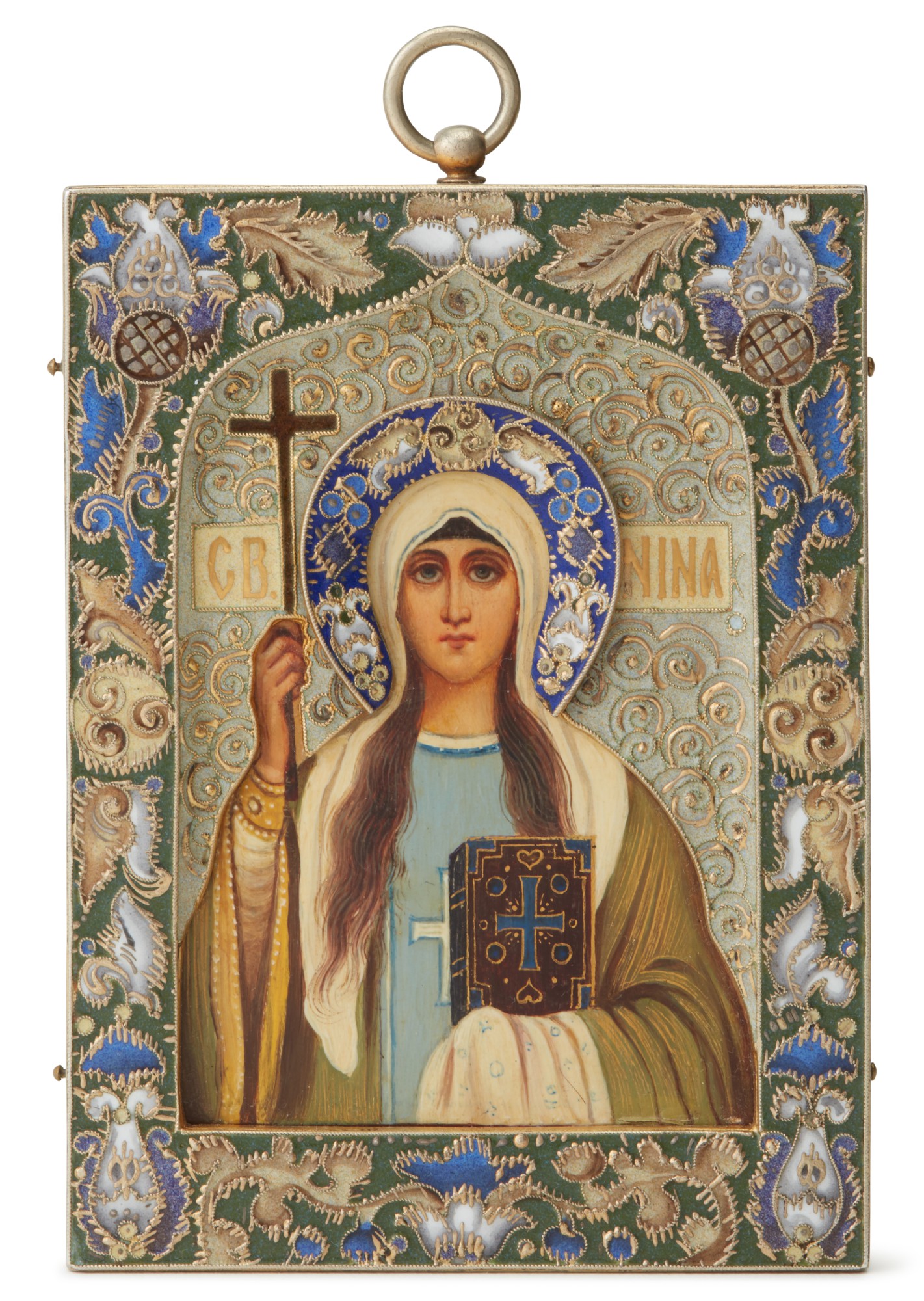 A Fabergé silver-gilt and shaded cloisonné enamel icon of St Nina (Nino ...