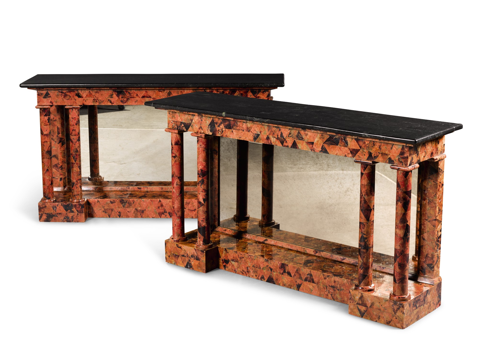 A PAIR OF FAUX TORTOISESHELL VENEERED AND MARBLE TOPPED SIDE TABLES ...