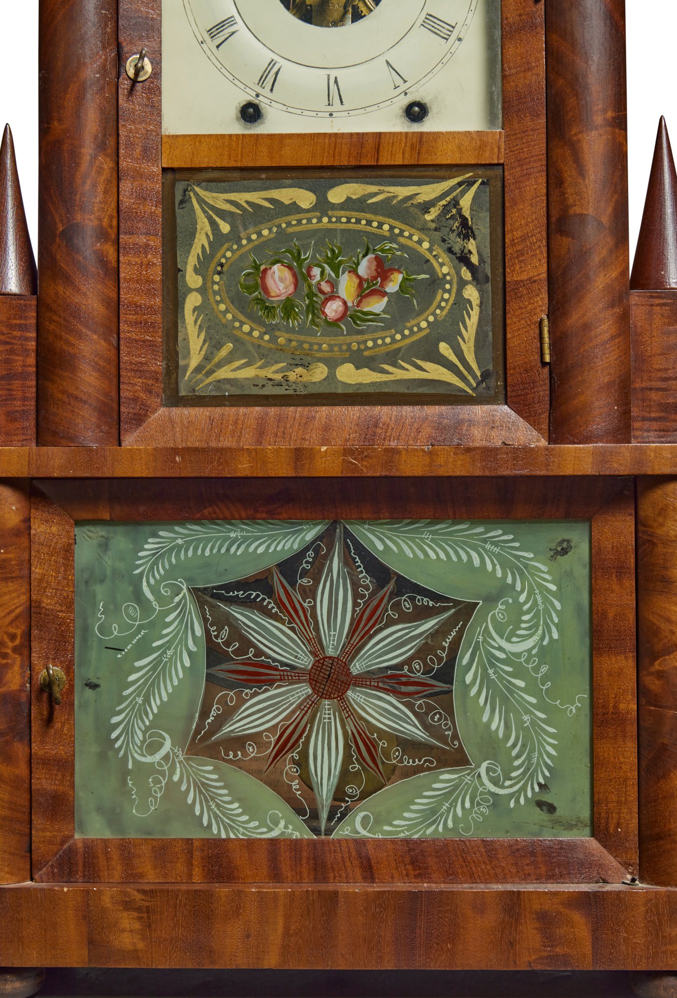 A Classical Églomisé and Figured Mahogany Wagon Spring Double-Steeple ...