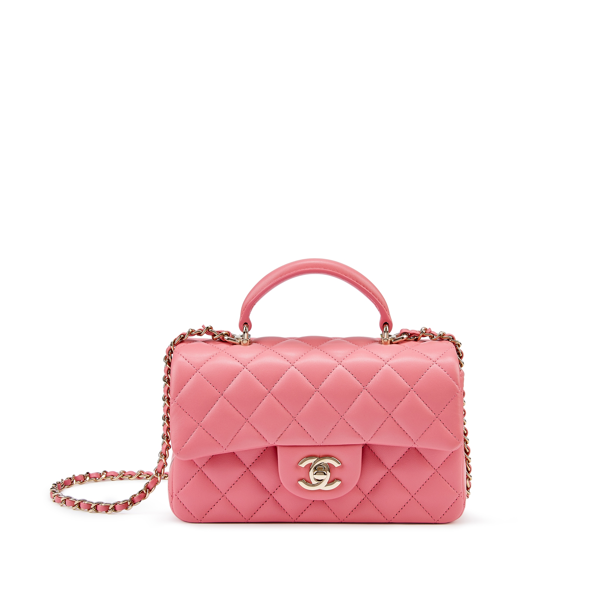 Pink Quilted Lambskin Top Handle Mini Flap Bag Pale Gold Hardware, 2022 ...