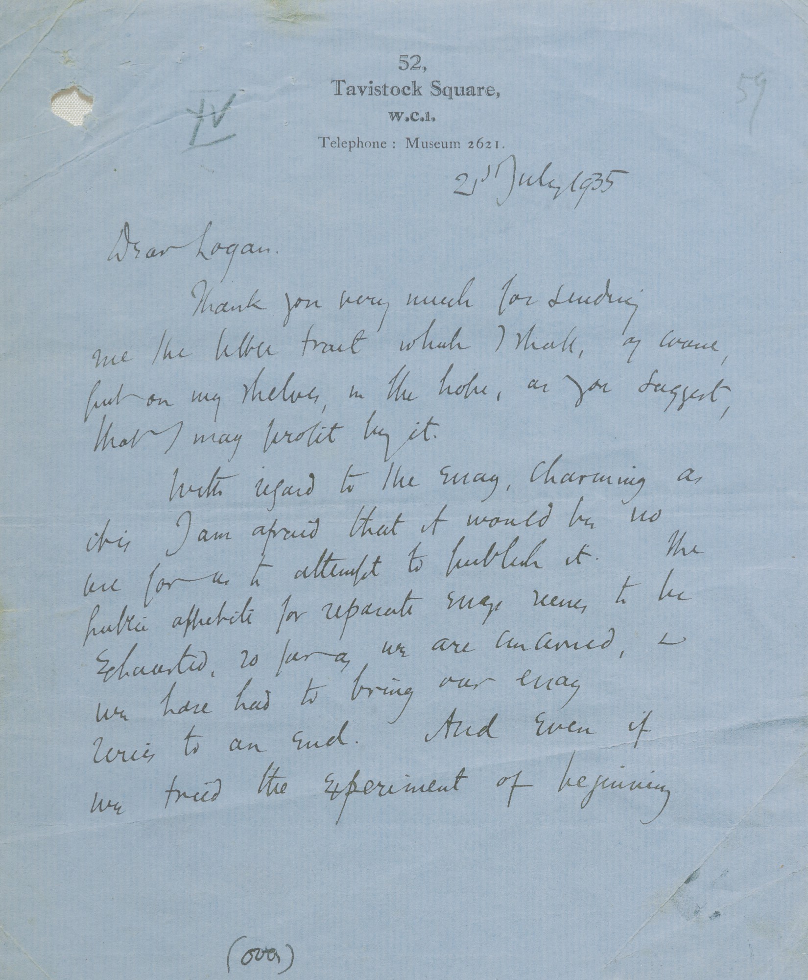 VIRGINIA WOOLF | AUTOGRAPH LETTER SIGNED ("VIRGINIA WOOLF") TO LOGAN ...