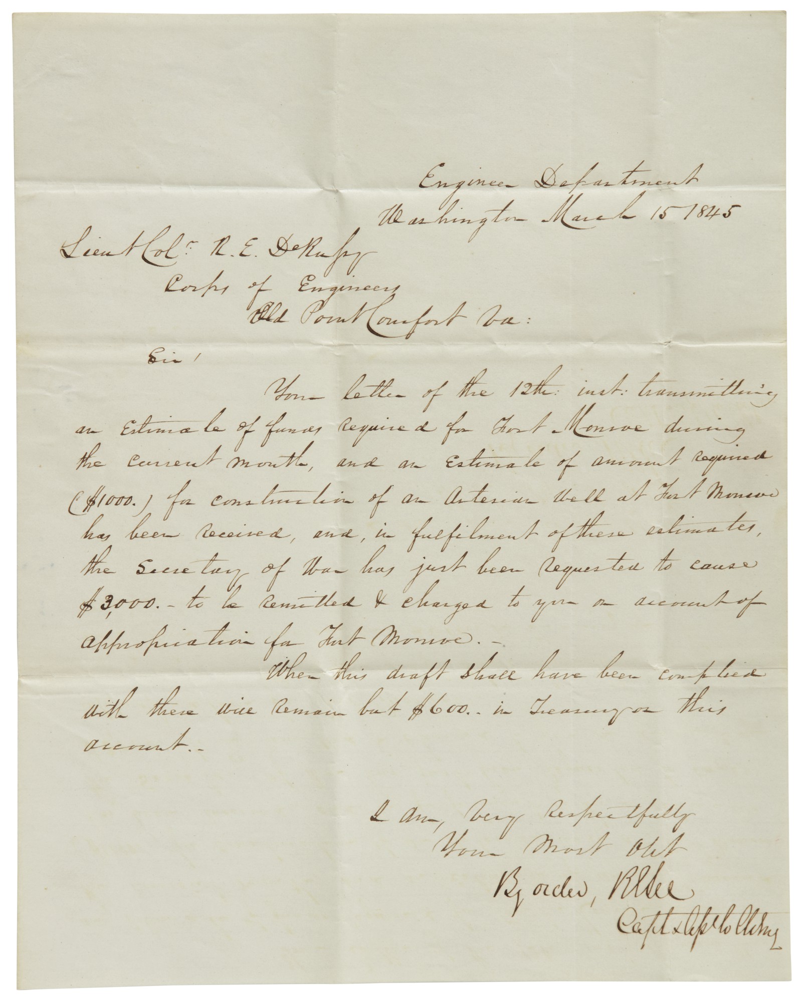 Lee, Robert E. Letter signed to Lieutenant Colonel R.E. Russy, 15 March ...