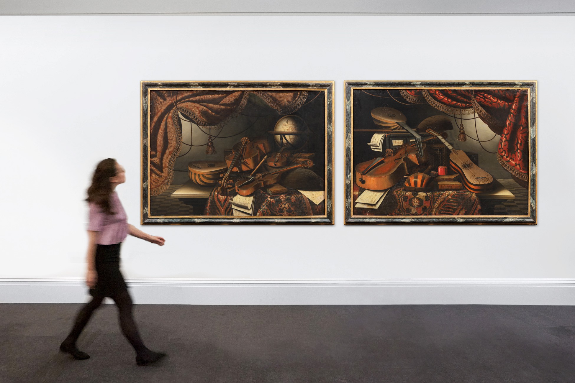 Still life with musical instruments and a red drapery; Still life with ...