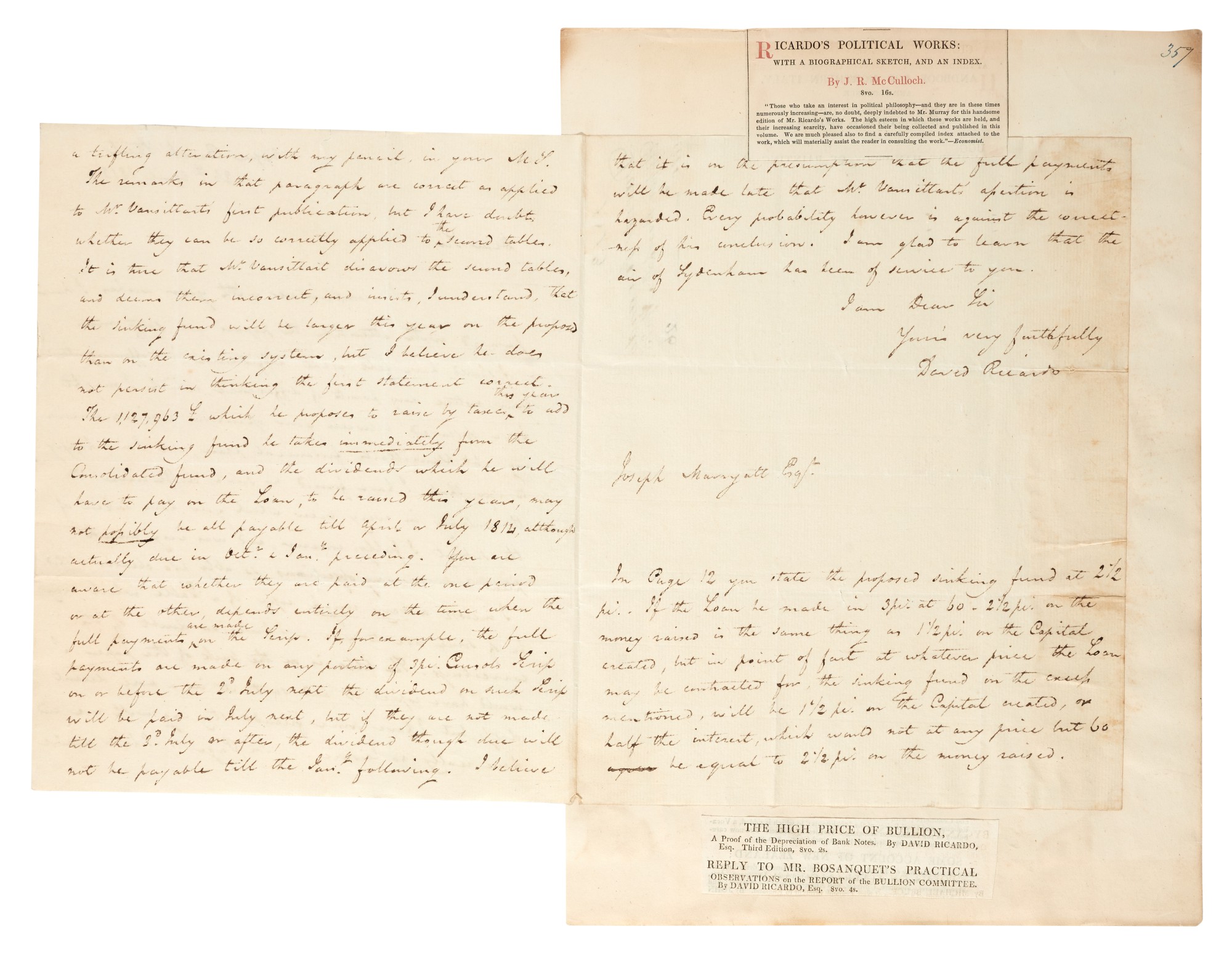 David Ricardo | Autograph letter signed, on proposed reforms to the ...