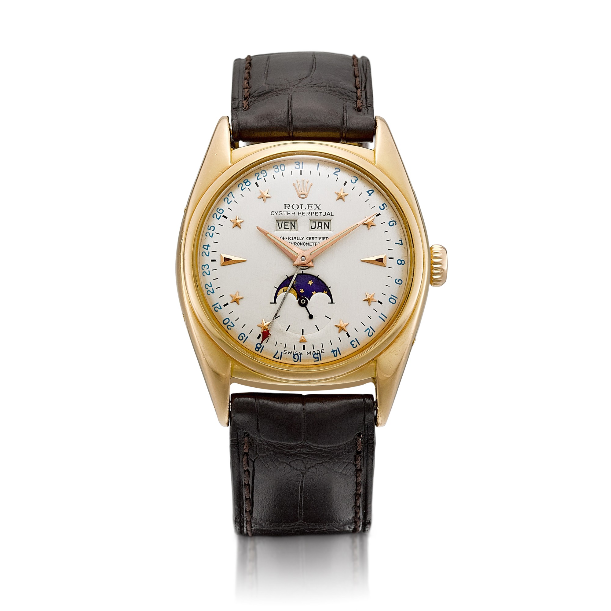 Reference 6062 | A pink gold triple calendar wristwatch with moon ...