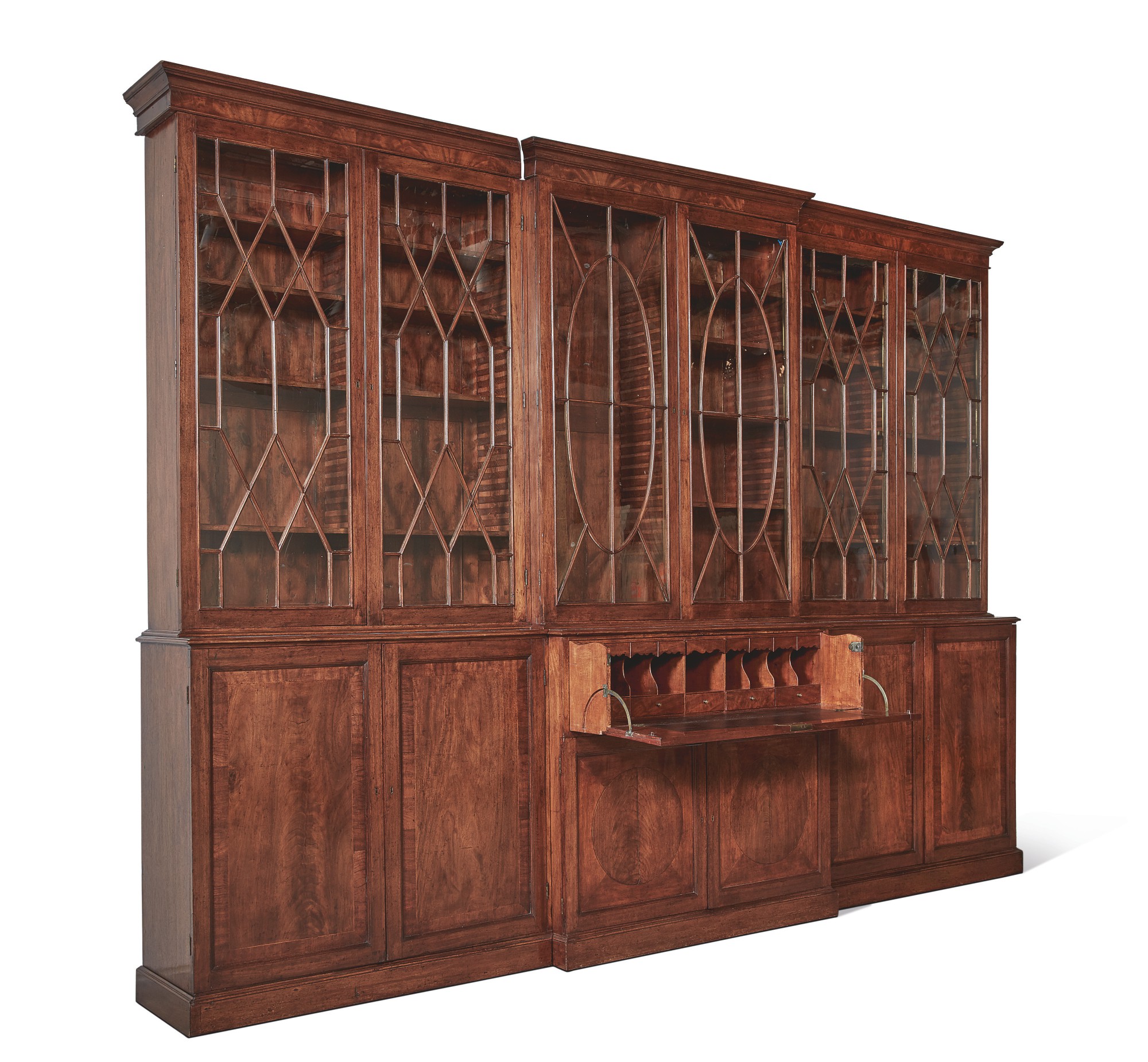 A GEORGE III MAHOGANY LIBRARY BREAKFRONT SECRETAIRE BOOKCASE, LAST ...