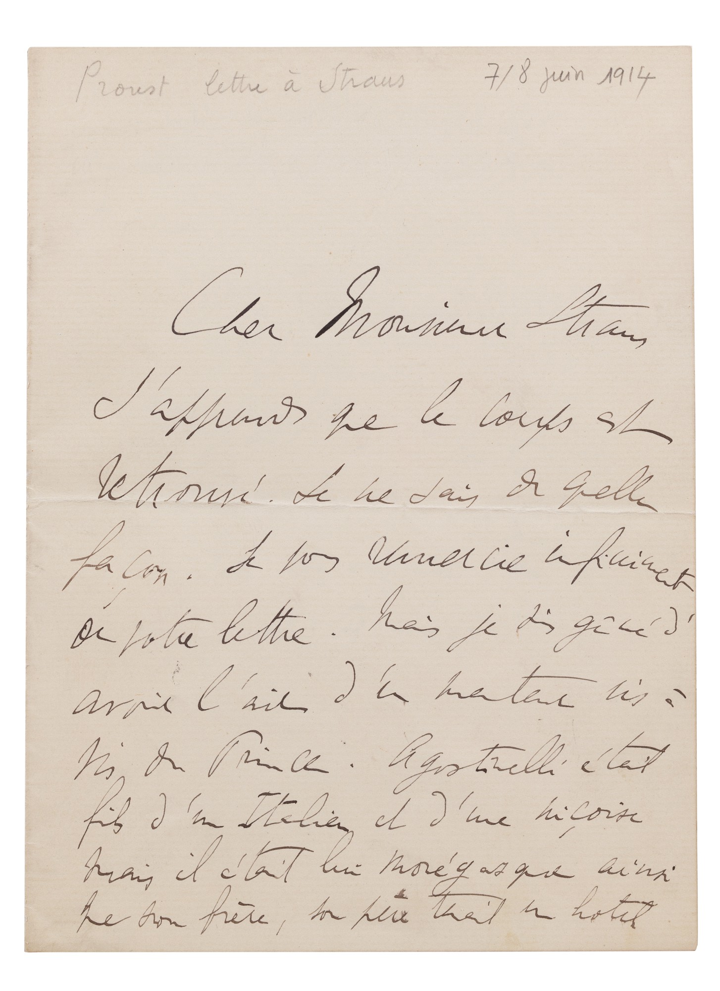 Lettre a.s. à Émile Straus. 1914. Sur la mort d'Agostinelli : "J'apprends que le corps est ...