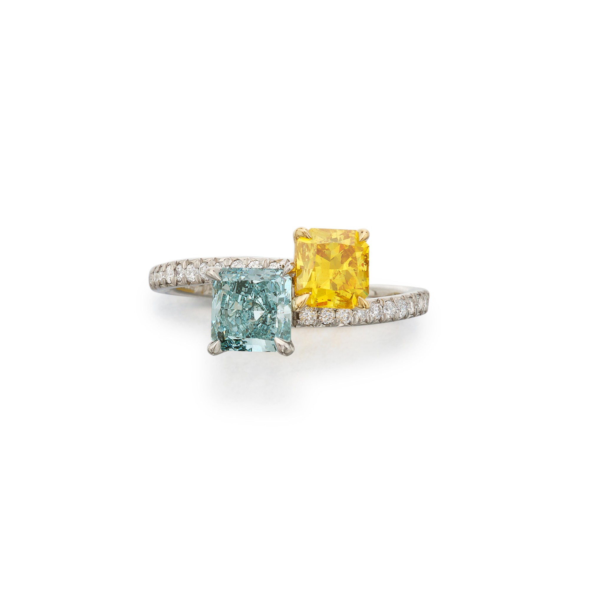 Fancy Vivid Blue-Green, Fancy Vivid Orangy Yellow and Diamond Ring | 艷彩藍綠色鑽石配艷彩橙黃色鑽石戒指 ...