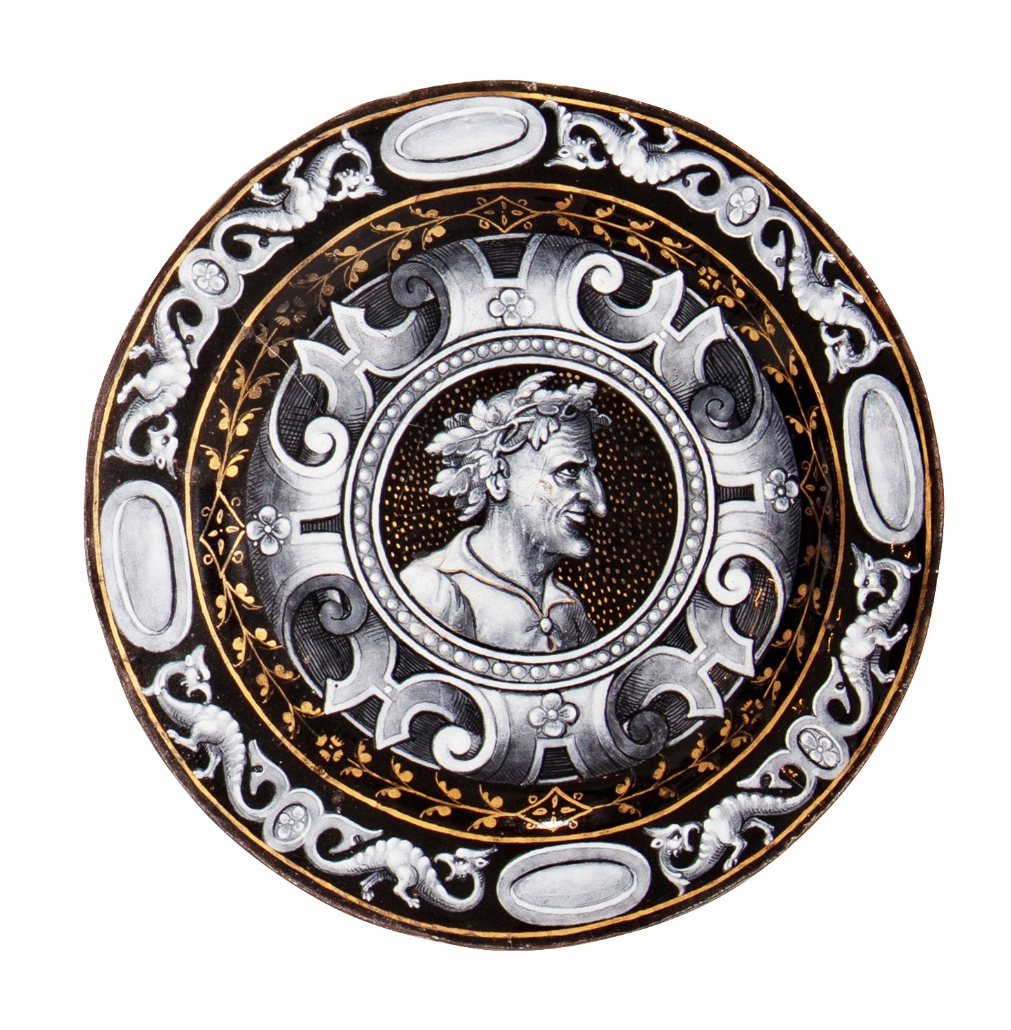 A set of twelve Limoges grisaille painted enamel plates depicting the ...