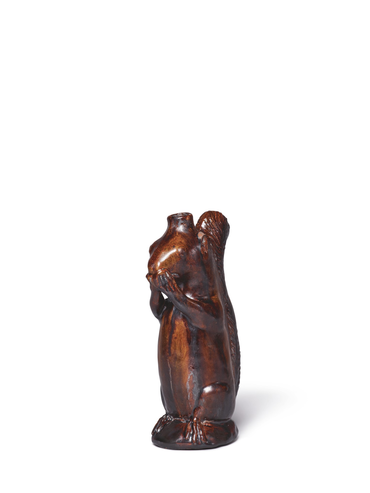 RARE MORAVIAN REDWARE LEAD-GLAZED SQUIRREL BOTTLE, ATTRIBUTED TO ...