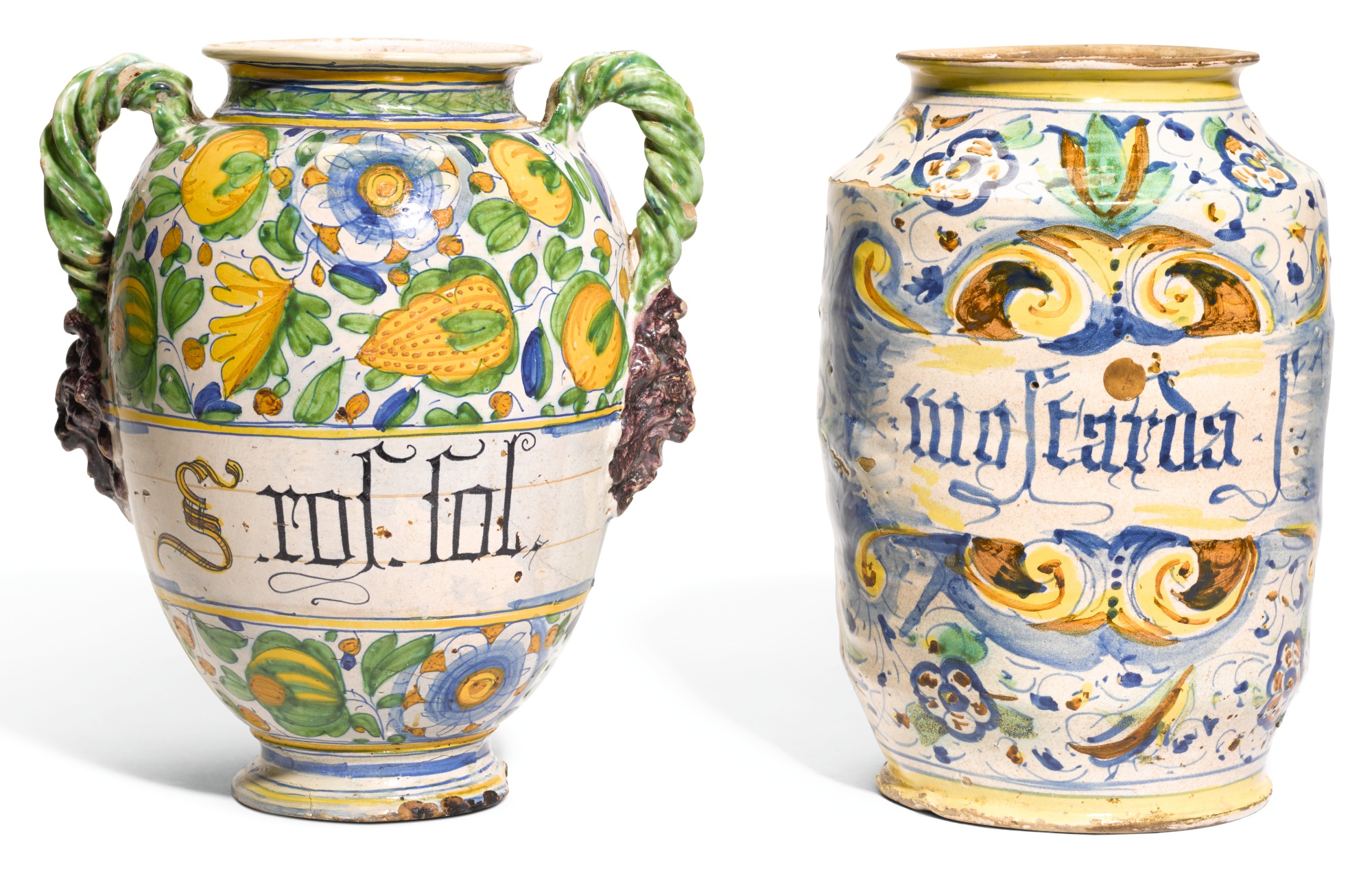 AN ITALIAN MAIOLICA TWO-HANDLED DRUG JAR AND AN ITALIAN MAIOLICA ...