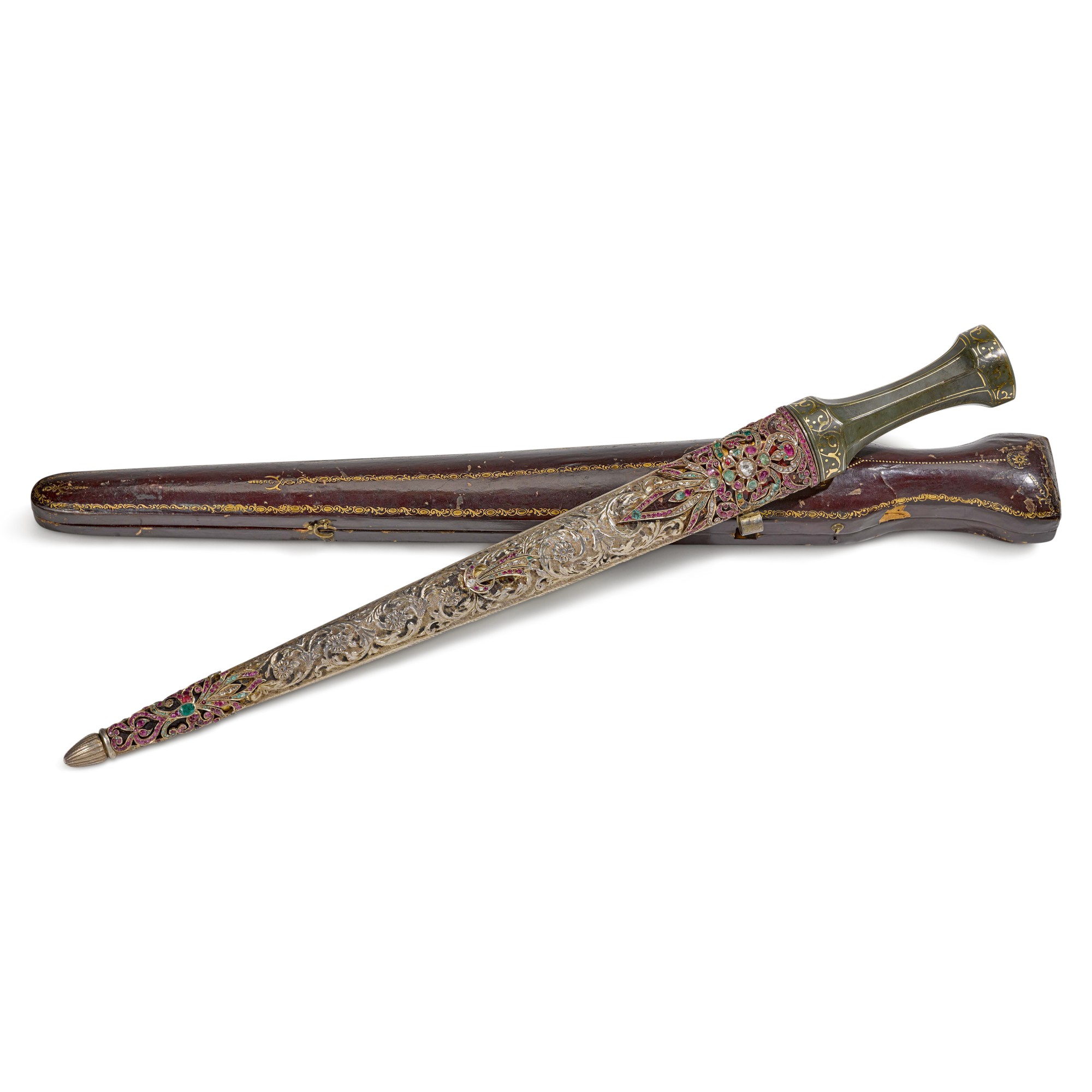 An Ottoman jade-hilted dagger with gem-set scabbard, with case, Turkey ...