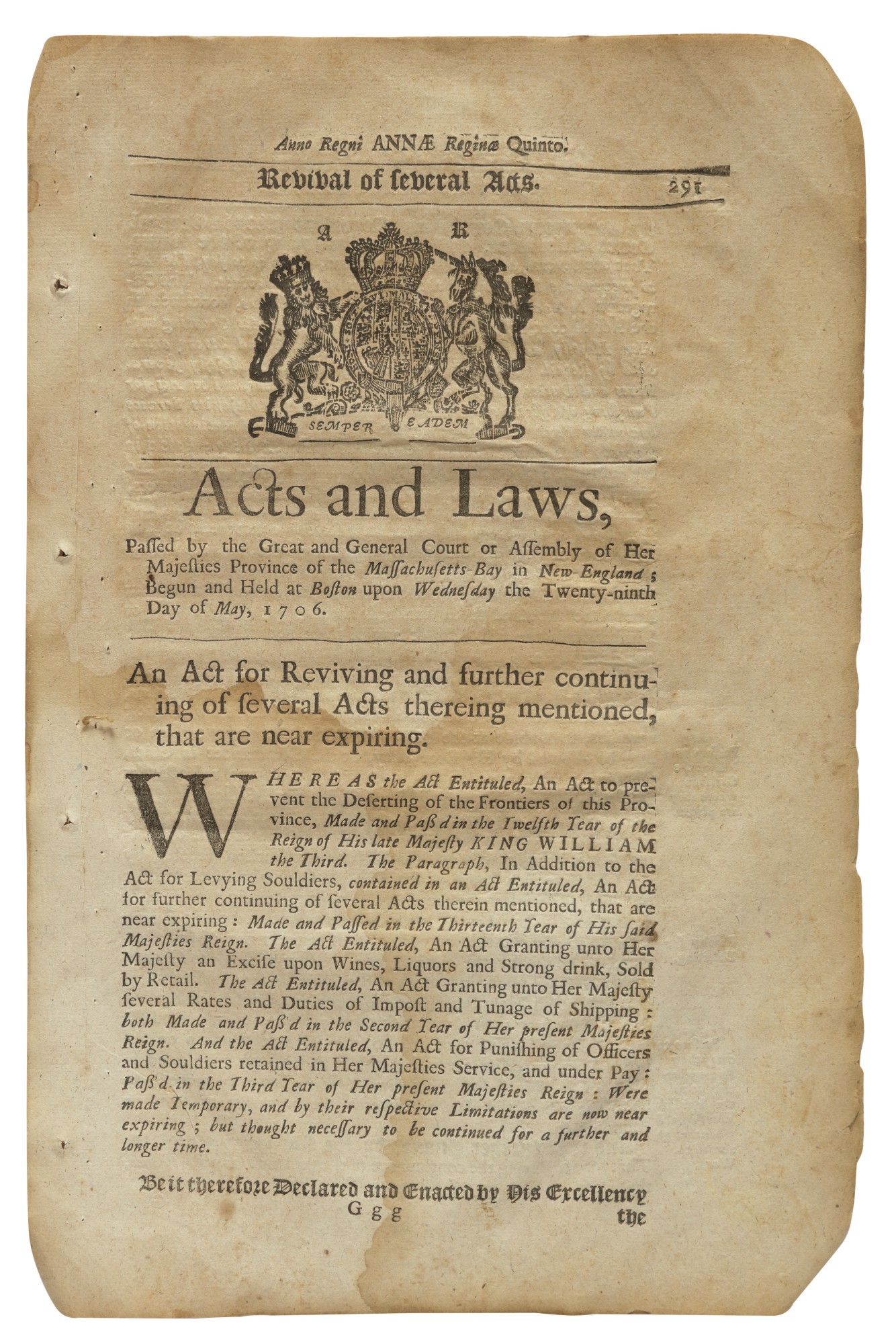 (QUEEN ANNE'S WAR) | An Act for Reviving and further continuing … the ...