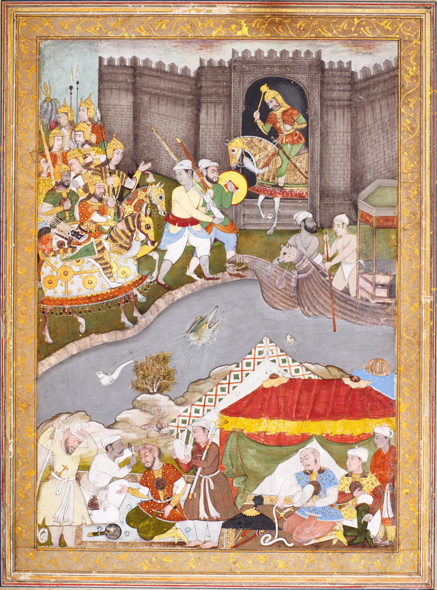 An army approaches a fort by a river, illustration from a Mughal ...