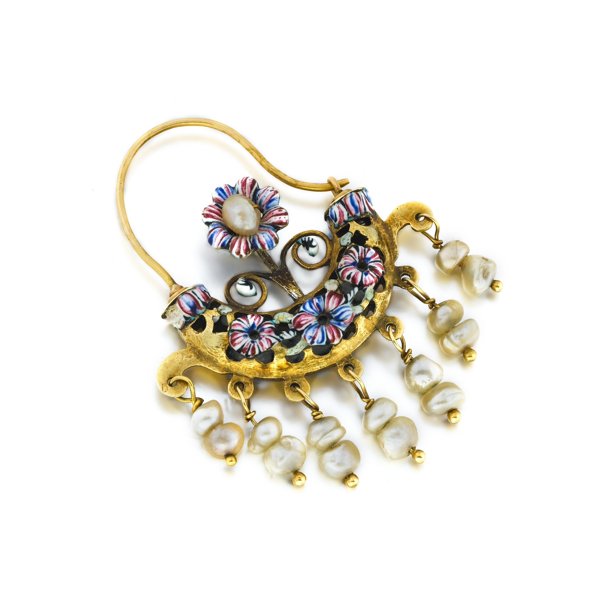 An enamel, baroque pearl and gold earring in shape of an Arch, South ...