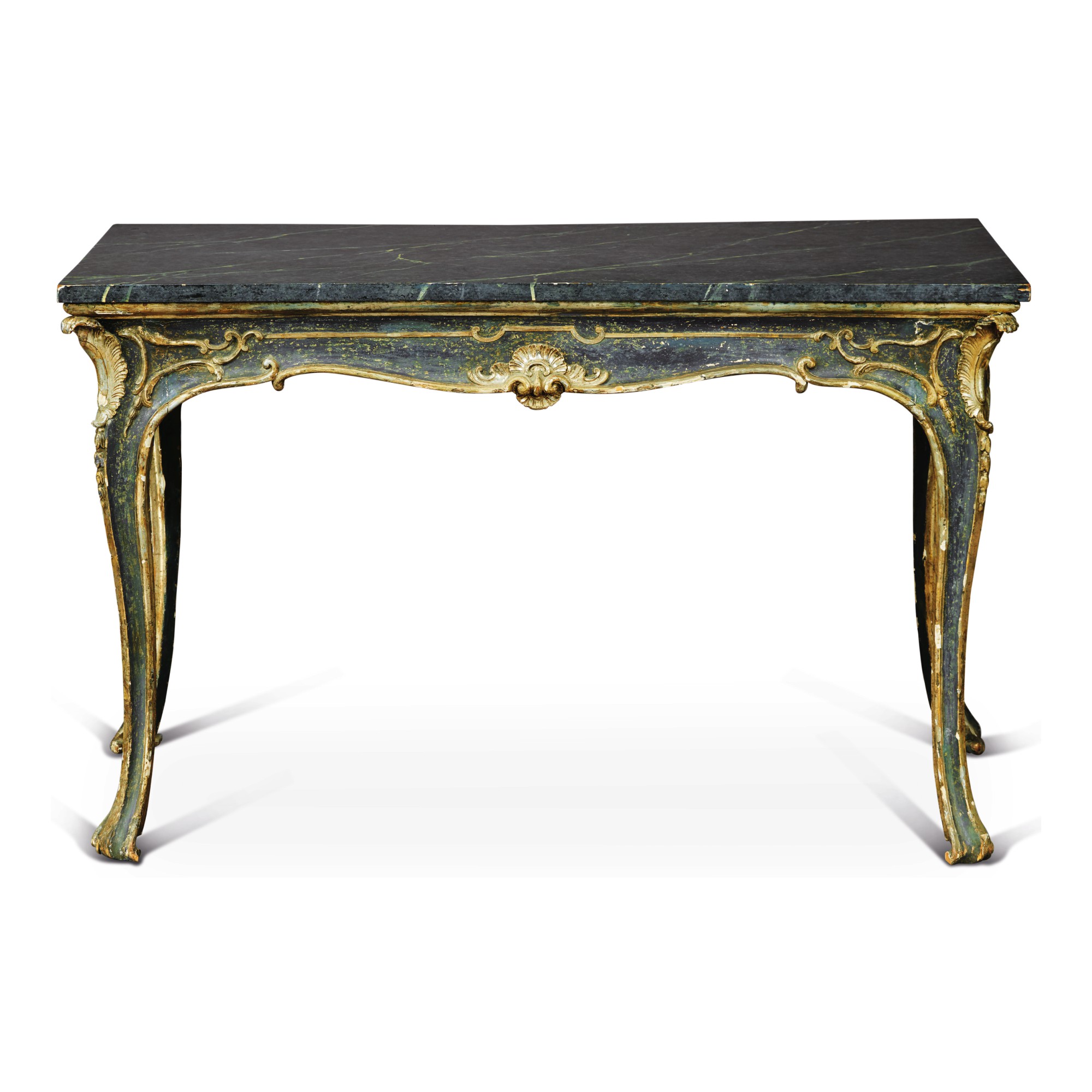 A NEAPOLITAN ROCOCO STYLE GREEN-PAINTED CONSOLE WITH SIMULATED MARBLE ...