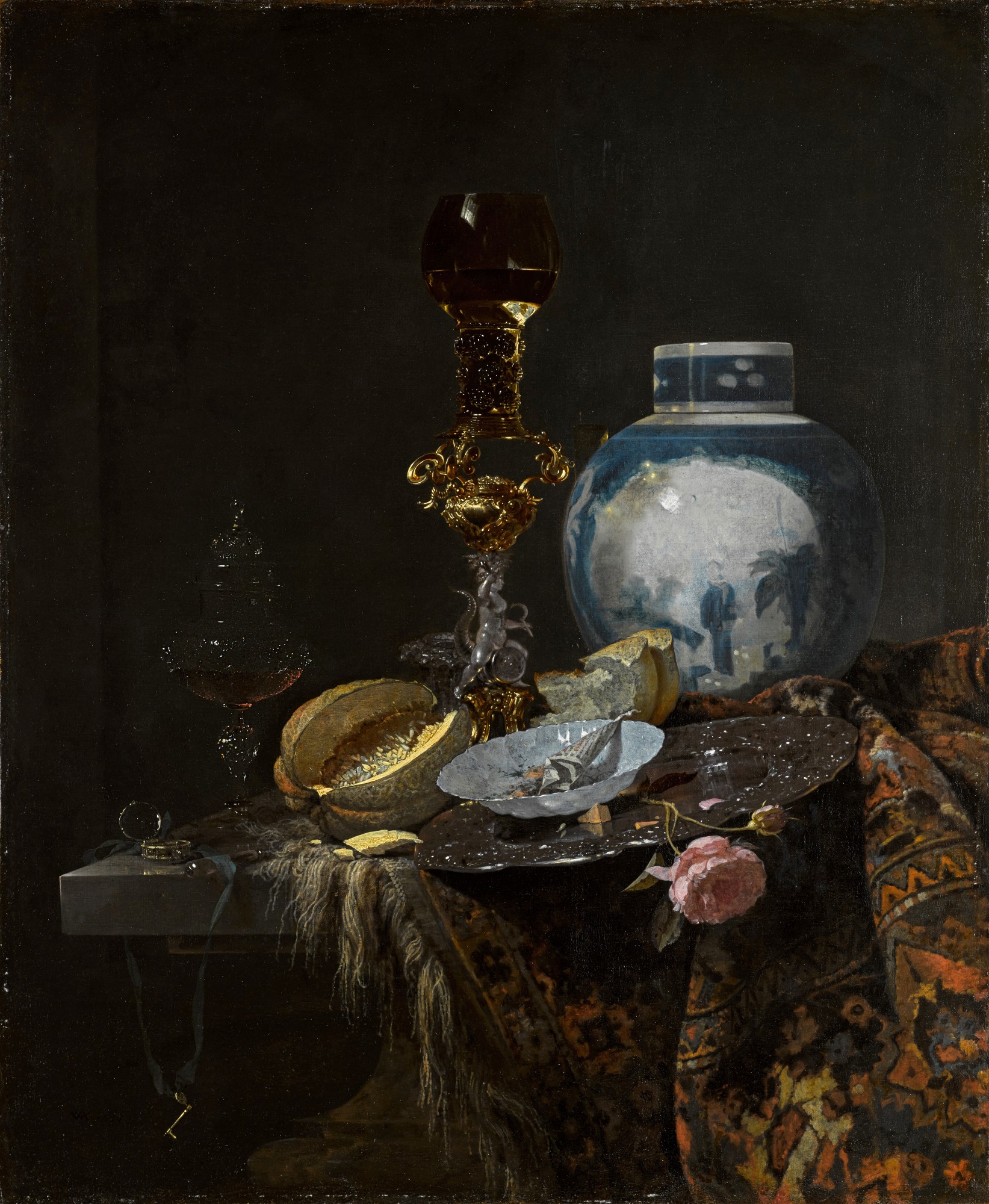 Still life with a Chinese ginger jar, silver, objects of vertu, a cut ...
