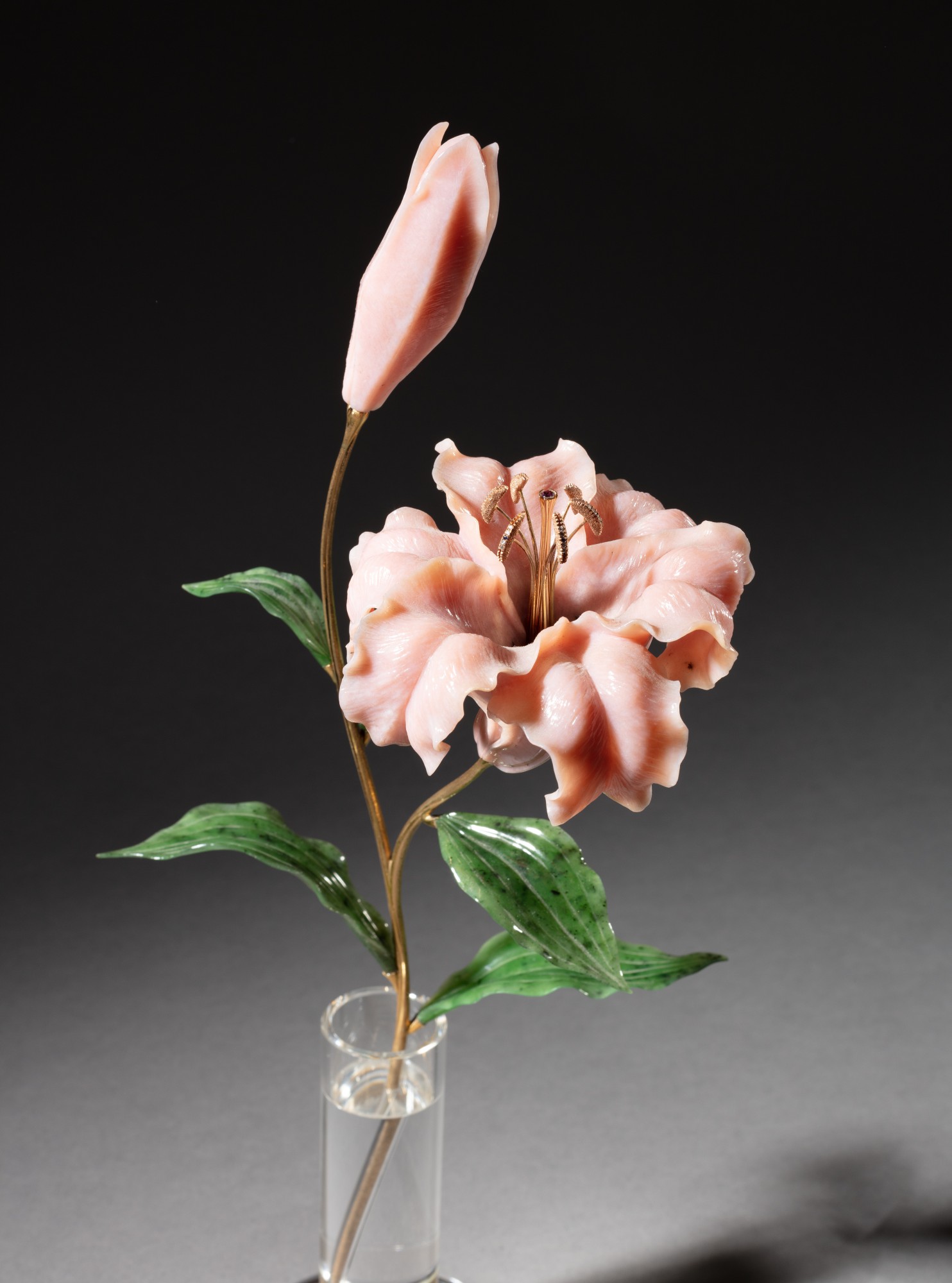 A pink opal, nephrite and rock crystal lily mounted in 3-color 18k gold ...