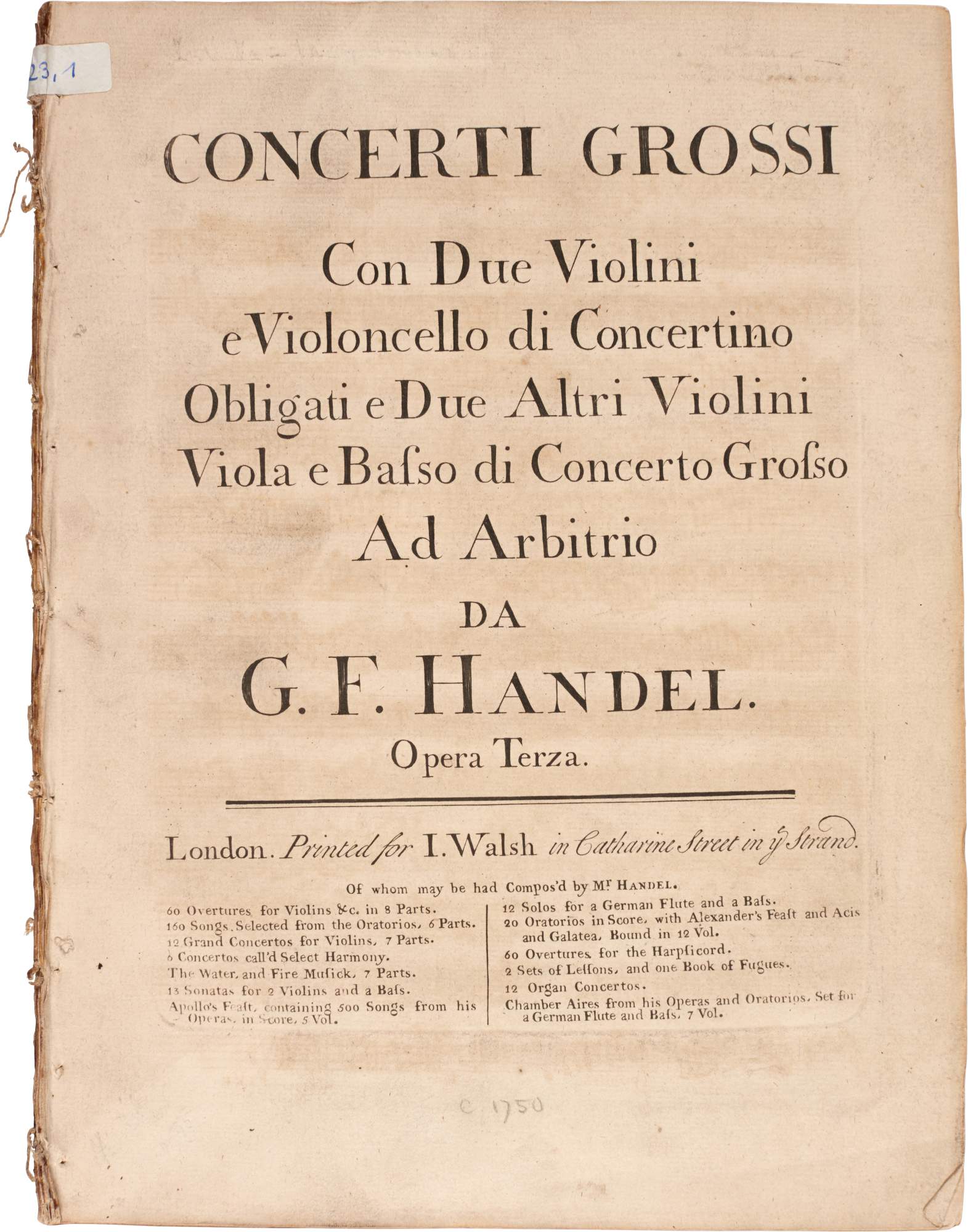 G.F. Handel. Concerti Grossi, Op.3 [HWV 312-317], complete parts, Smith no.5, c.1752 | Books ...