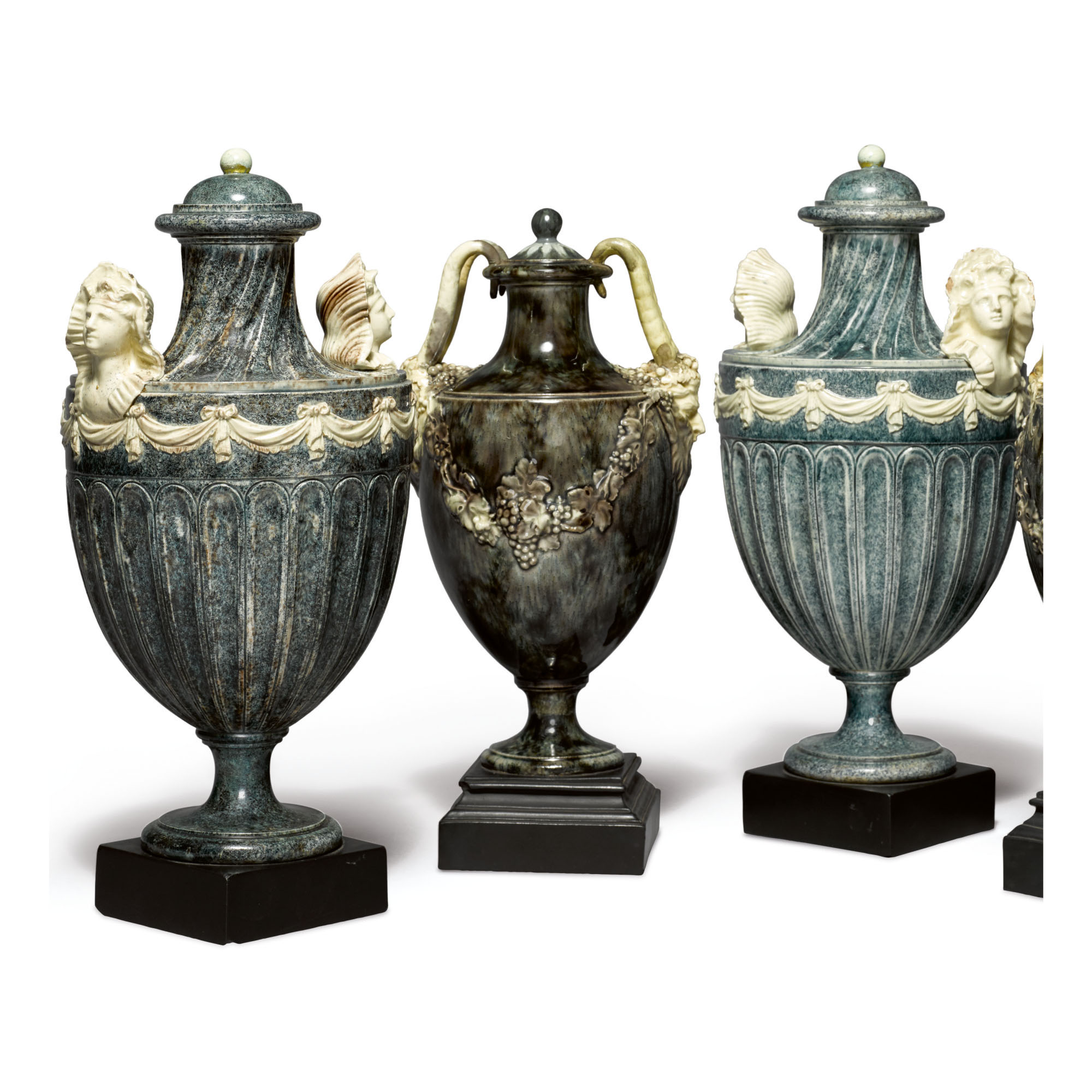 A PAIR OF WEDGWOOD AND BENTLEY CREAMWARE PORPHYRY TWO-HANDLED VASES AND ...