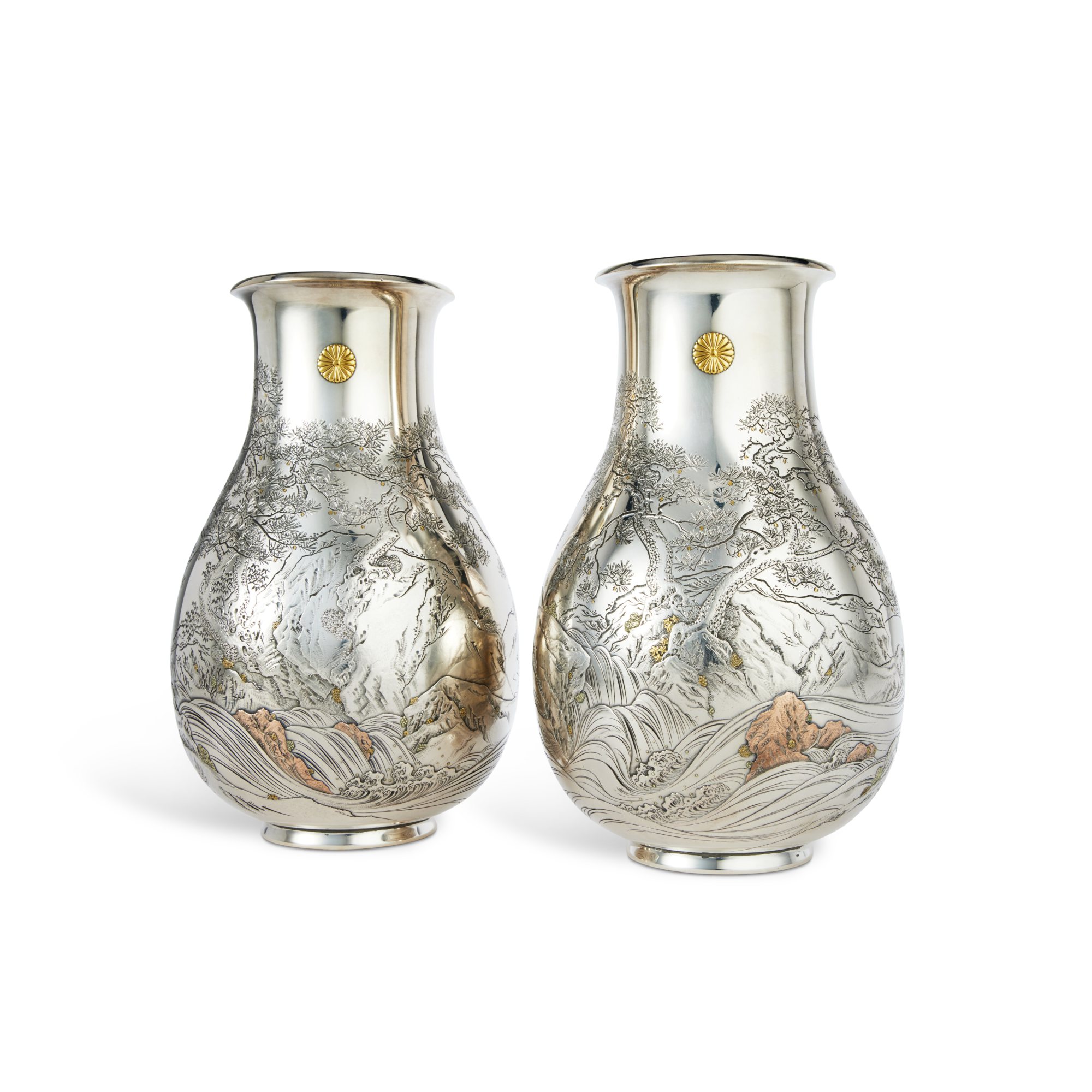 A Pair of Japanese Export Silver and Mixed Metal Vases, Yotsuya Masami ...