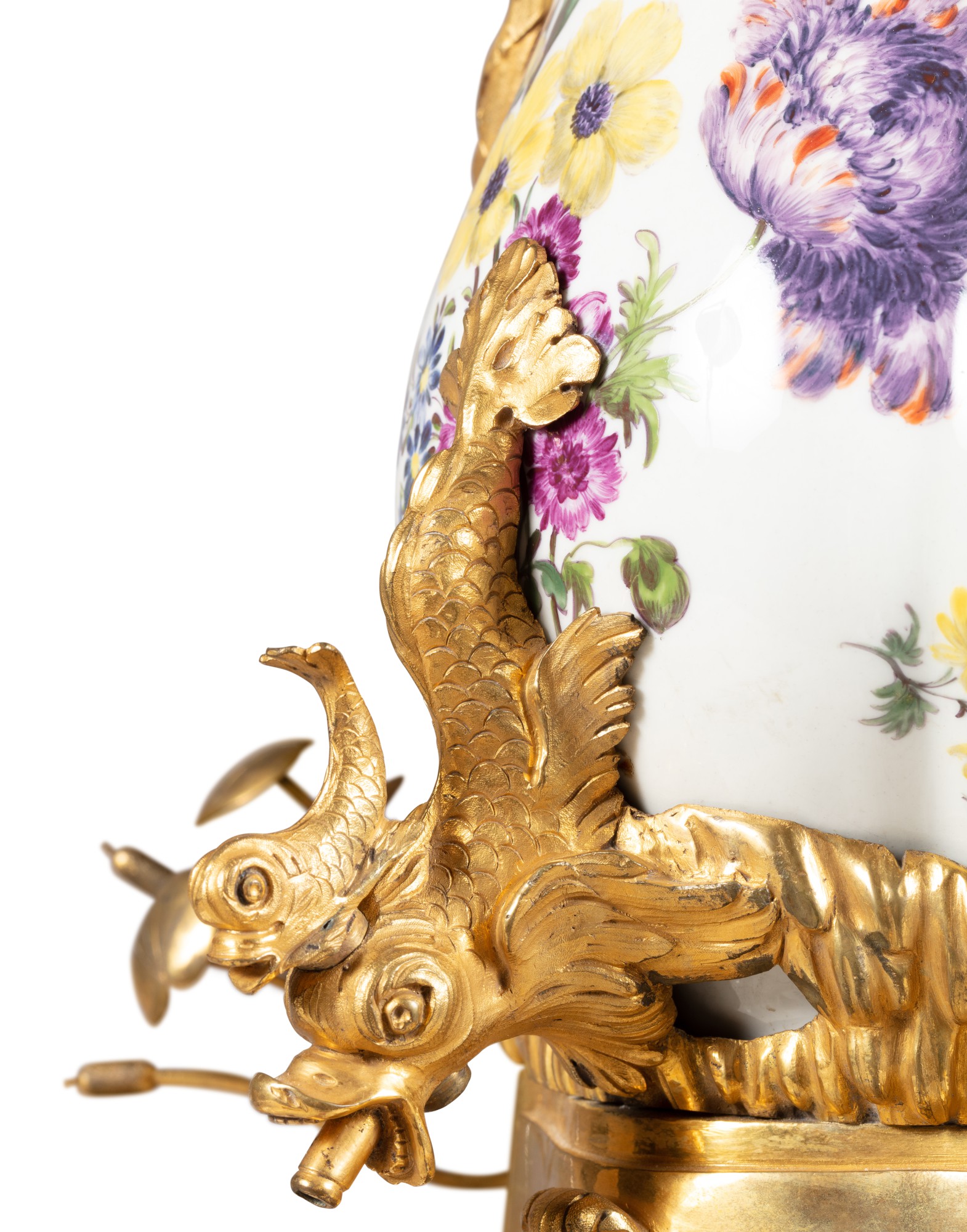 A gilt-bronze mounted Meissen porcelain fountain with Höchst porcelain basin, the porcelain ...