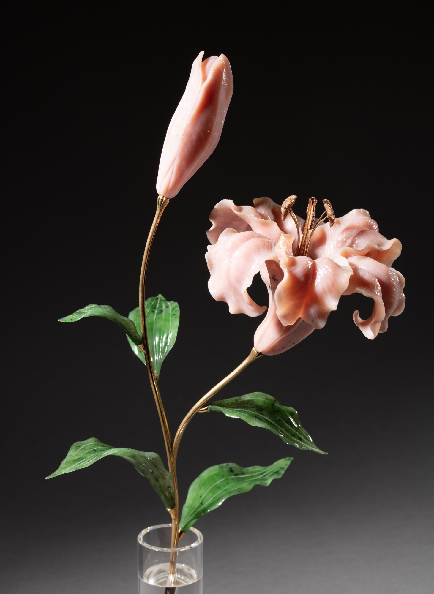 A pink opal, nephrite and rock crystal lily mounted in 3-color 18k gold ...