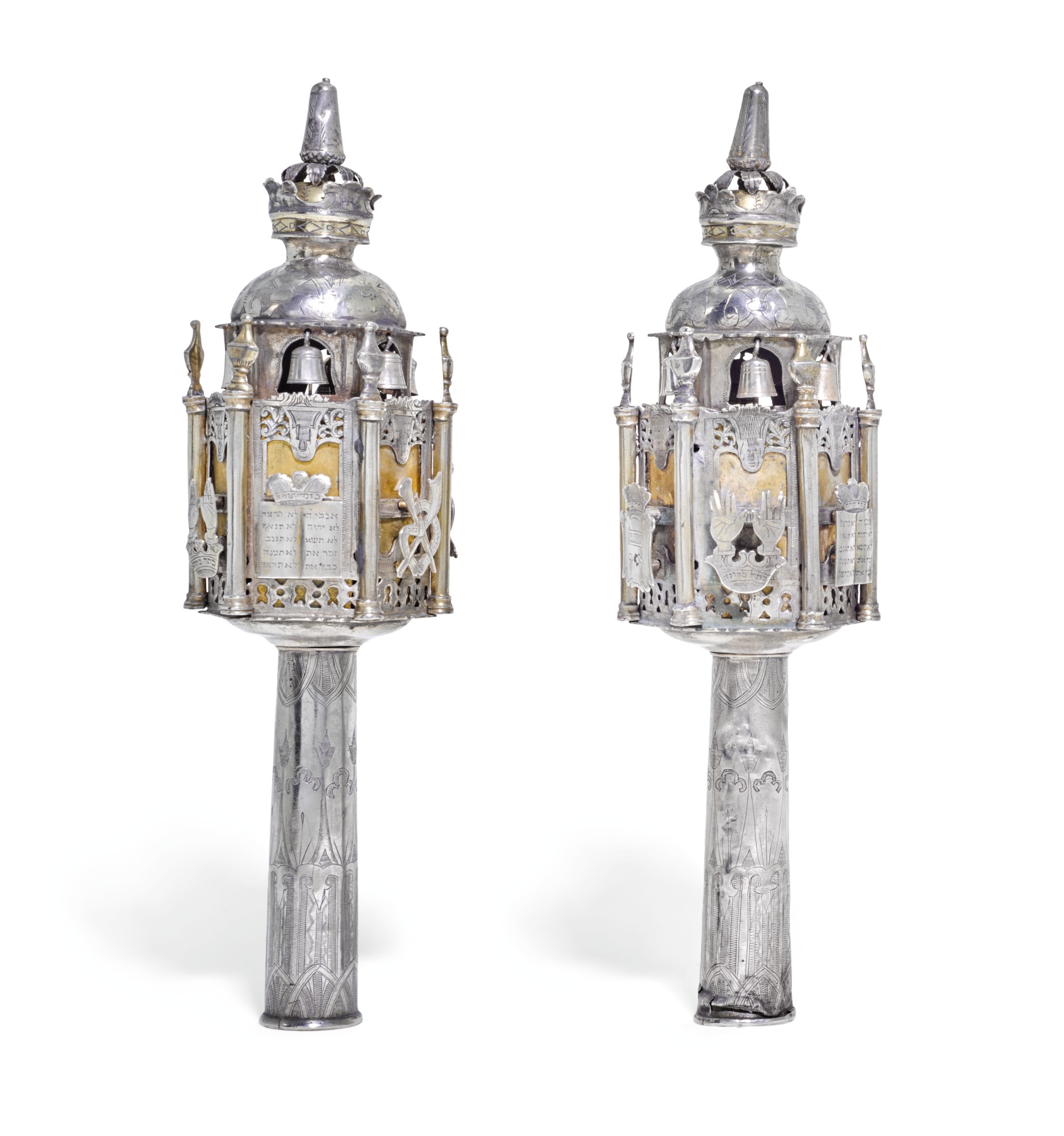 A PAIR OF PARCEL-GILT SILVER TORAH FINIALS, PROBABLY EAST EUROPEAN OR ...