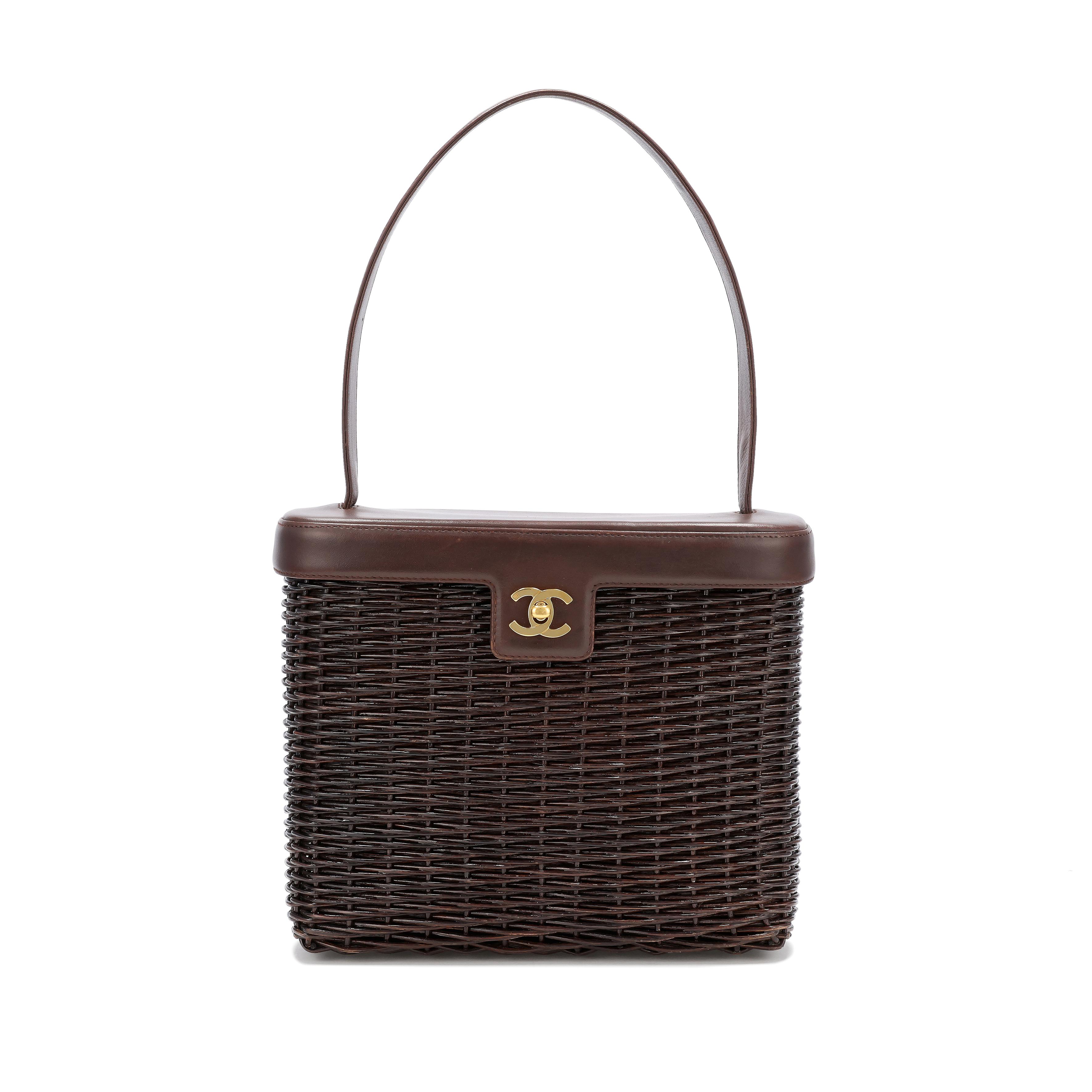Chanel Vintage Brown Wicker Rattan And Lambskin Basket Handle Bag Gold ...