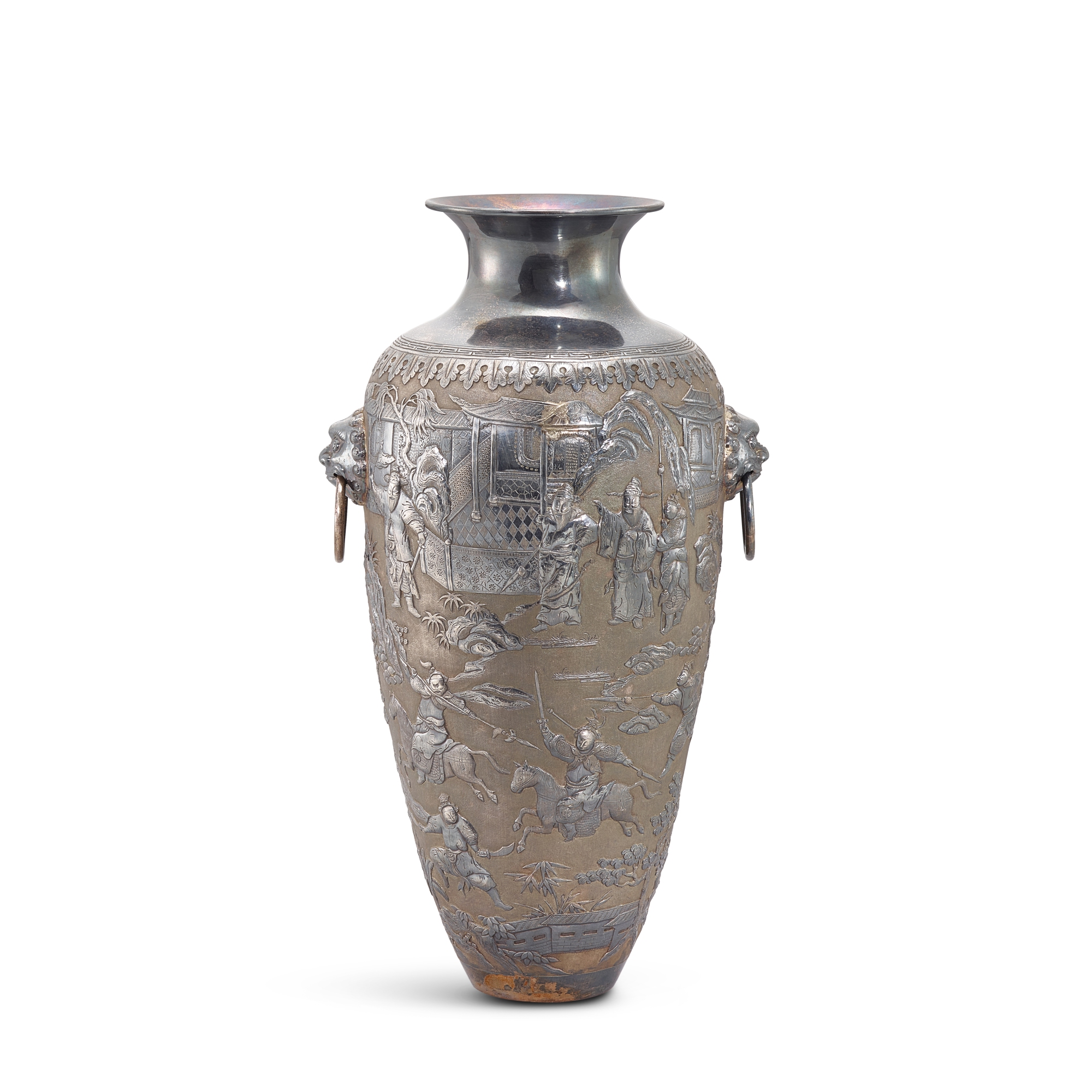 A large repoussé-decorated Chinese export silver vase, Qing dynasty ...