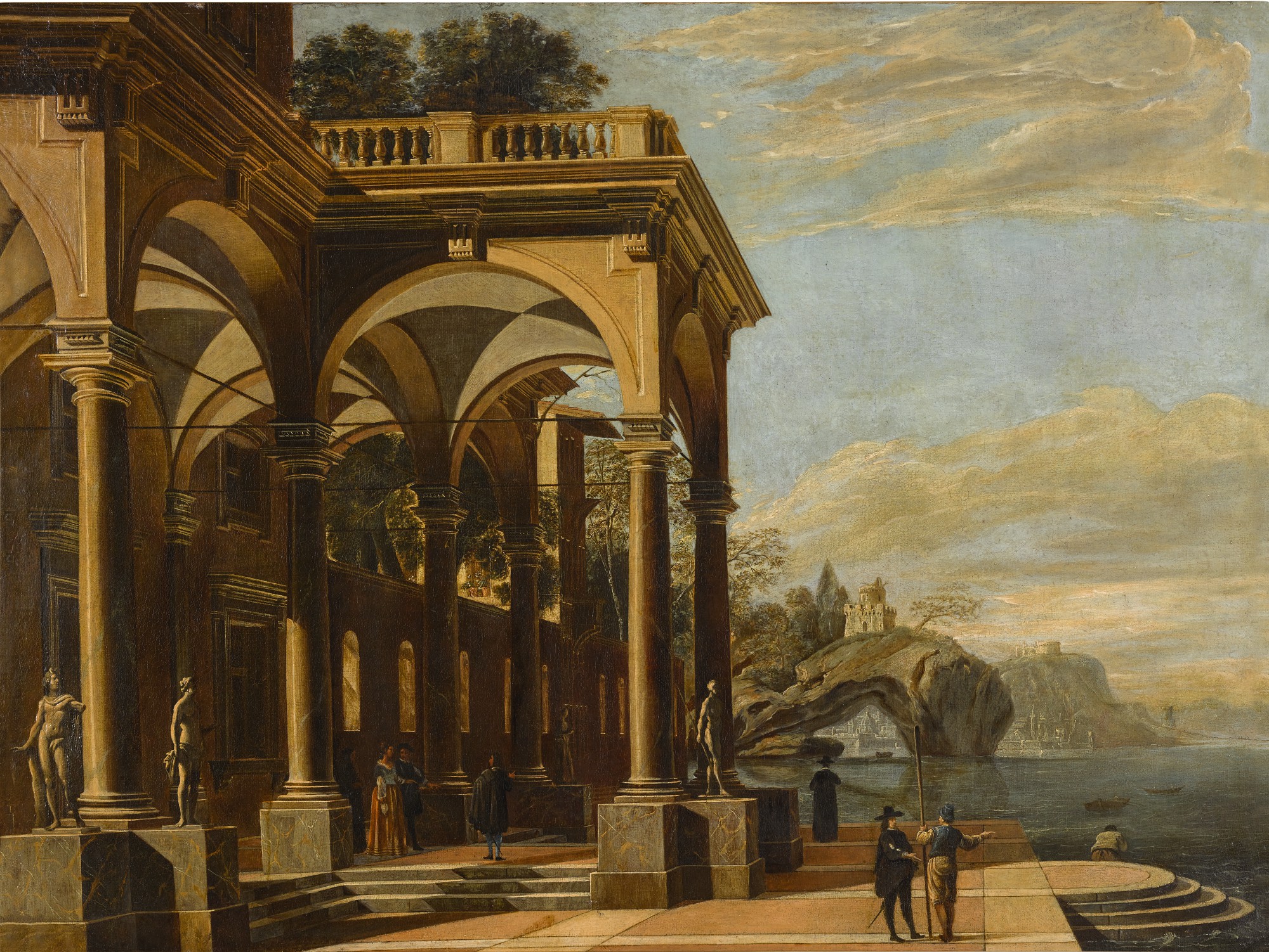 An architectural capriccio with figures by a colonnaded portico, a ...