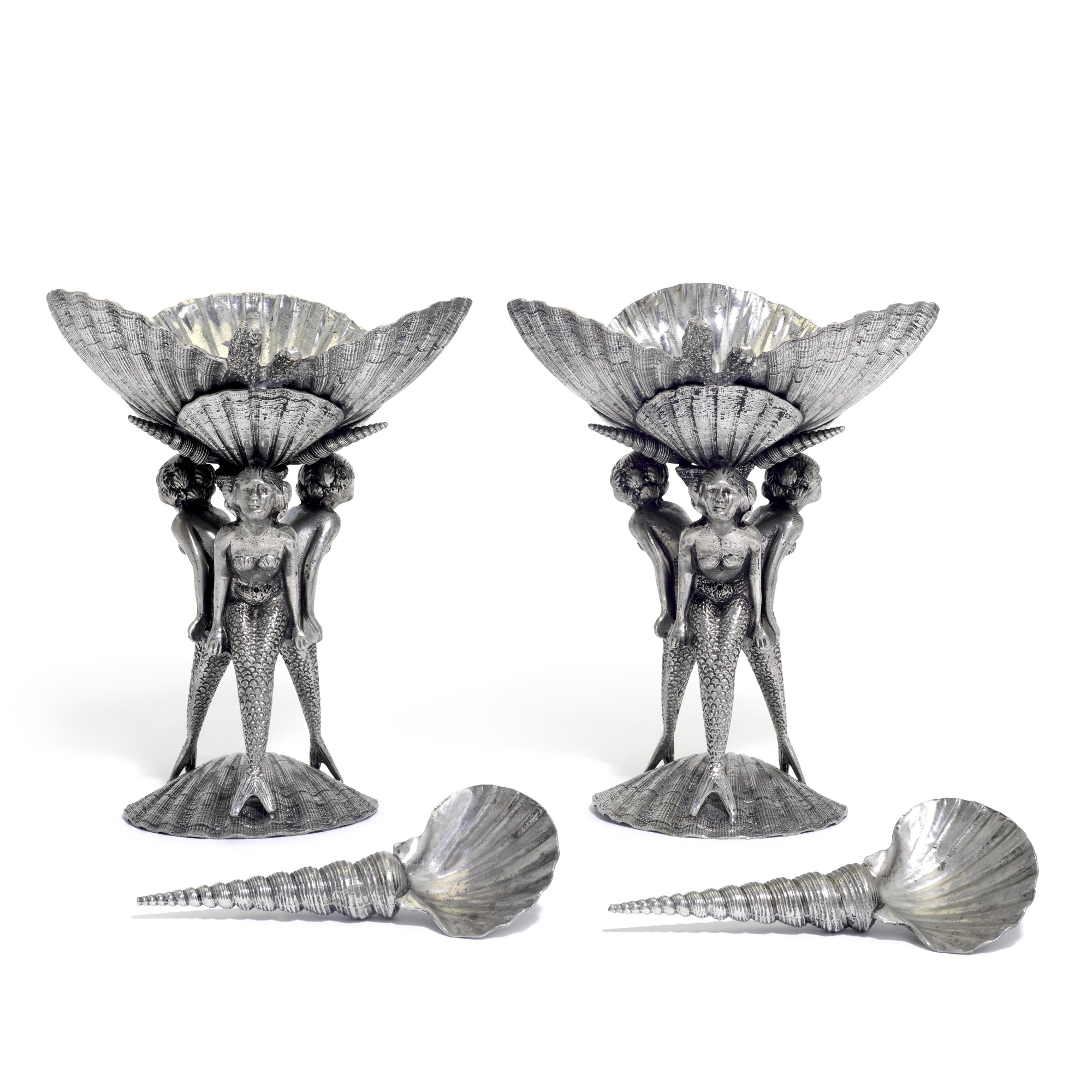 A pair of pewter shell-fish stands, designed by Piero Figura for Atena ...