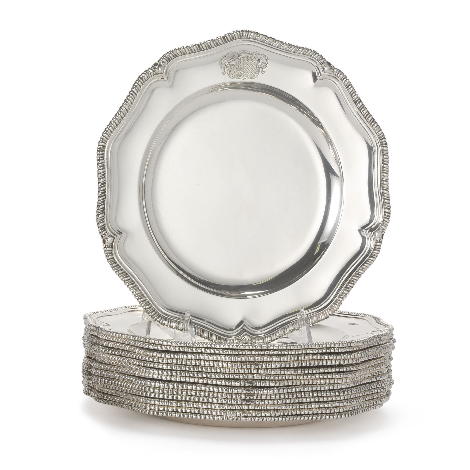 AN ASSEMBLED SET OF FOURTEEN GEORGIAN SILVER DINNER PLATES, LONDON ...