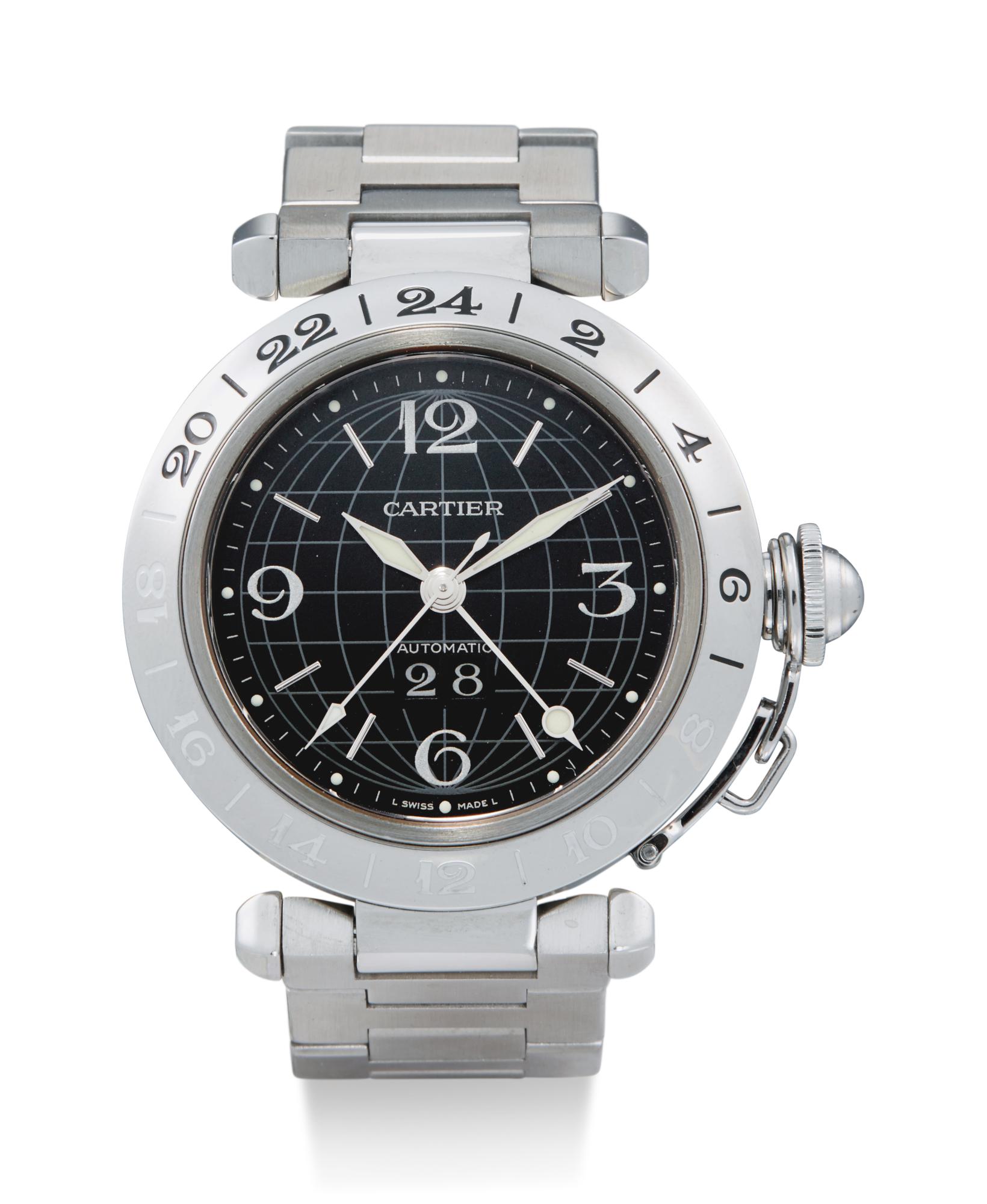 CARTIER | PASHA GMT, REFERENCE 2550, A STAINLESS STEEL DUAL TIME ZONE WRISTWATCH WITH DATE AND ...