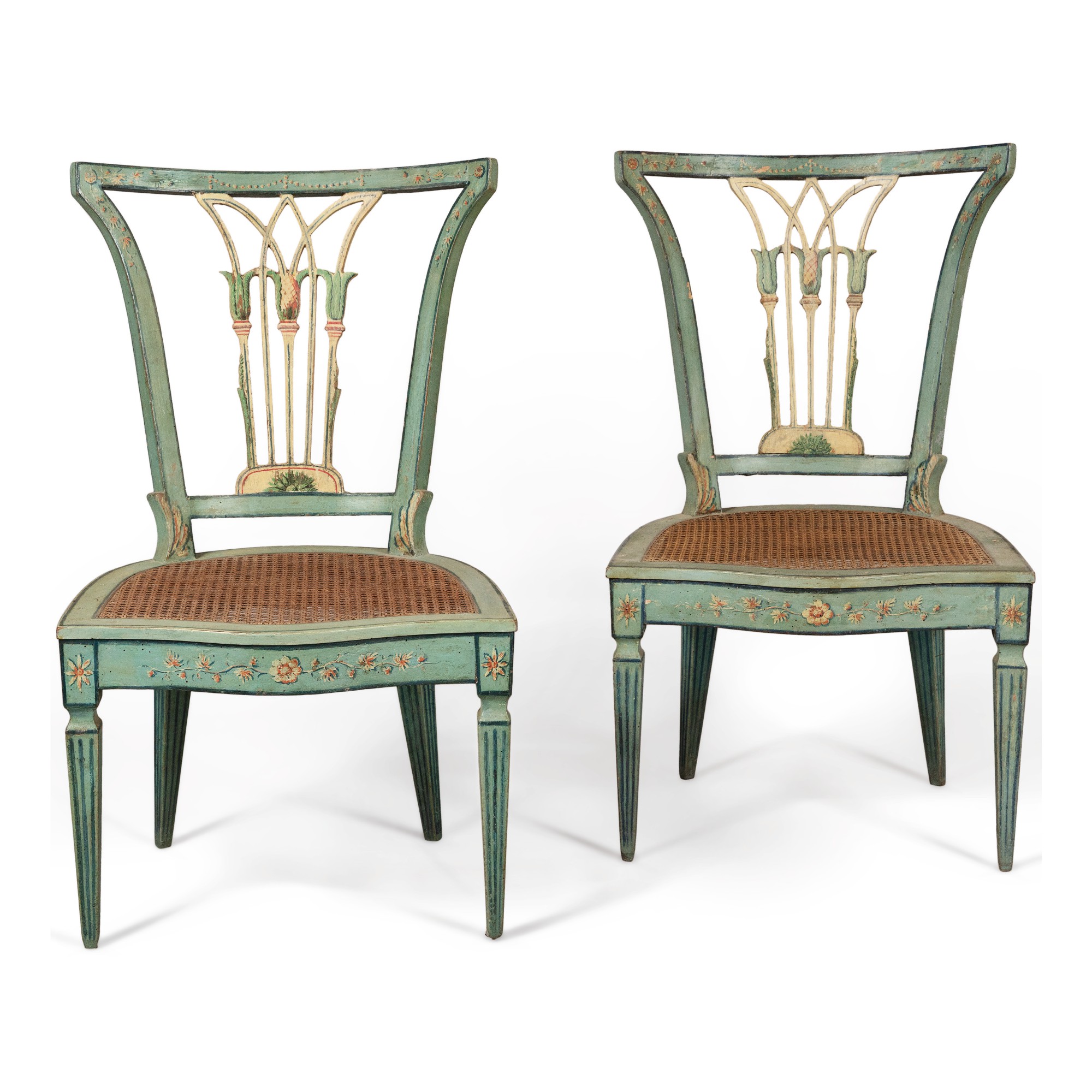 A PAIR OF ITALIAN NEOCLASSICAL POLYCHROME PAINTED SIDE CHAIRS, LATE ...