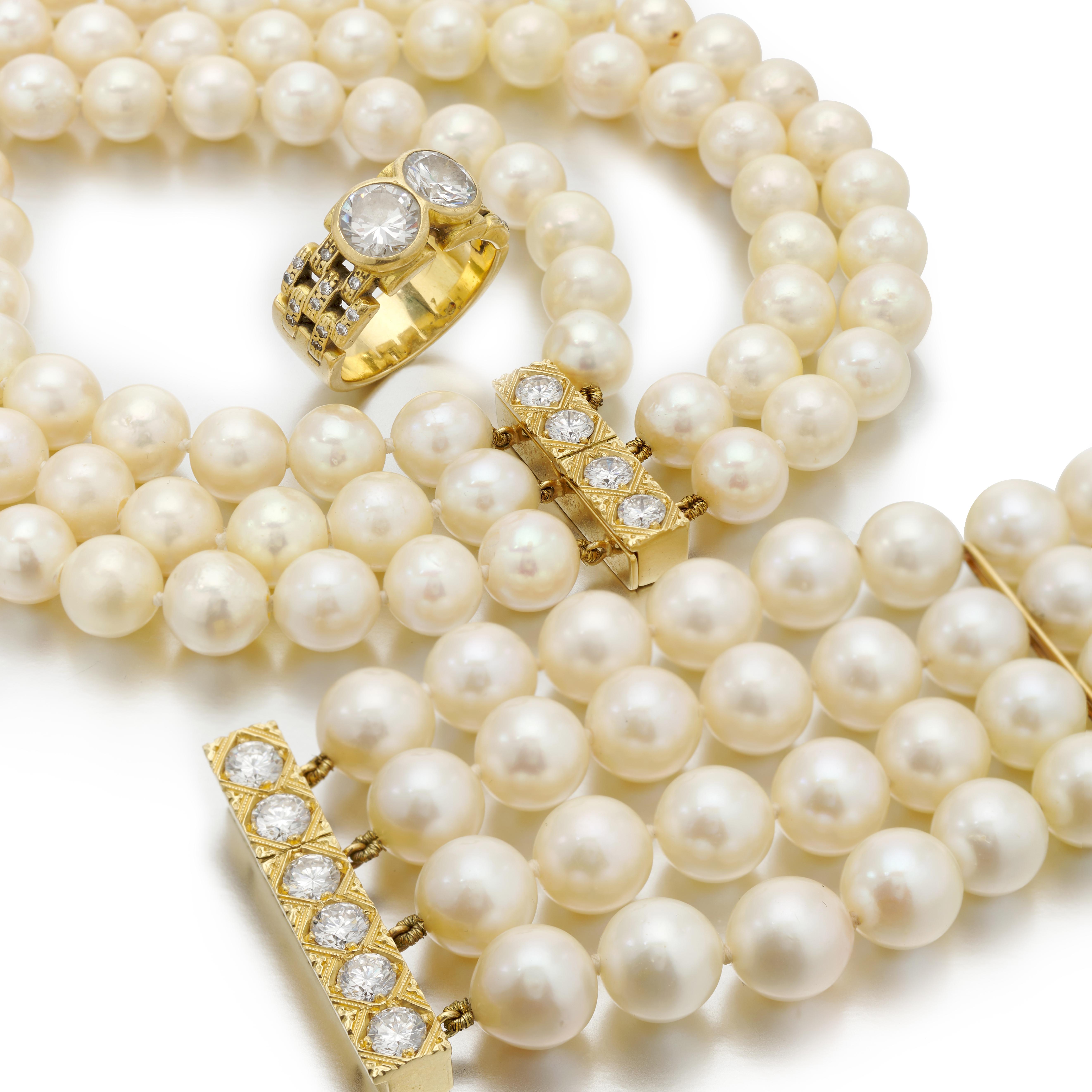 Cultured pearl and diamond necklace and bracelet and a diamond ring ...