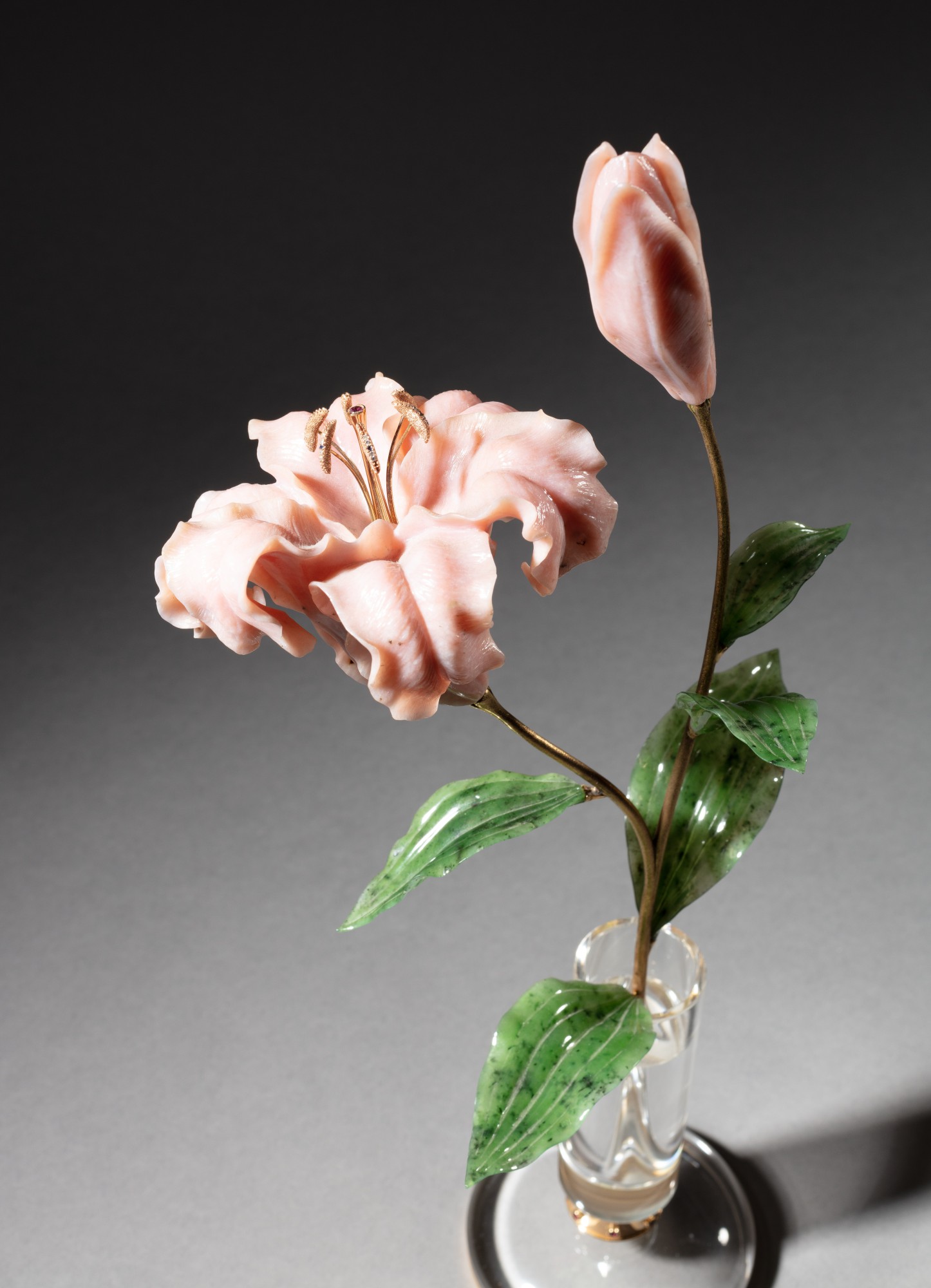 A pink opal, nephrite and rock crystal lily mounted in 3-color 18k gold ...