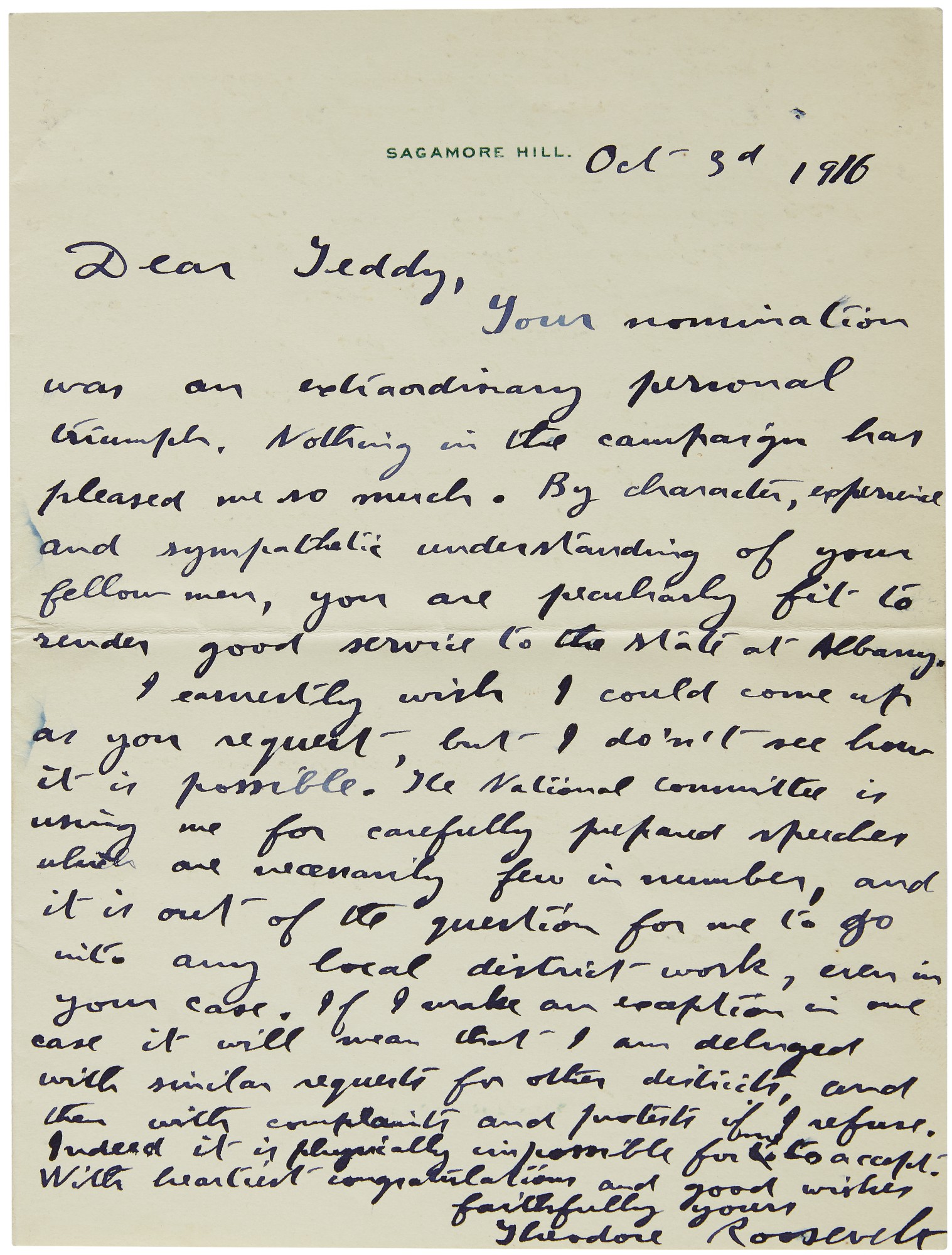 Roosevelt, Theodore. Autograph letter signed to his nephew Theodore ...